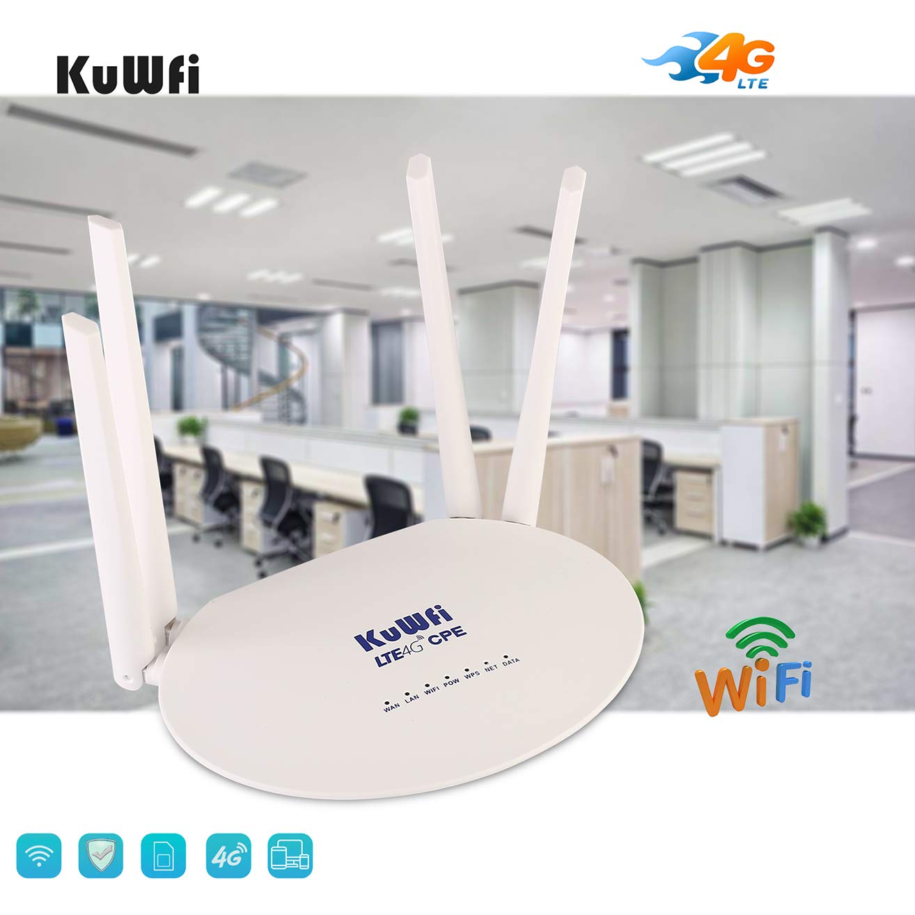 KuWFi 4G LTE Router with SIM Card Slot, 300Mbps Unlocked Wireless WiFi Internet Routers with 4pcs Non-Detachable Antennas for USA/CA/MX[Not for Verizon]