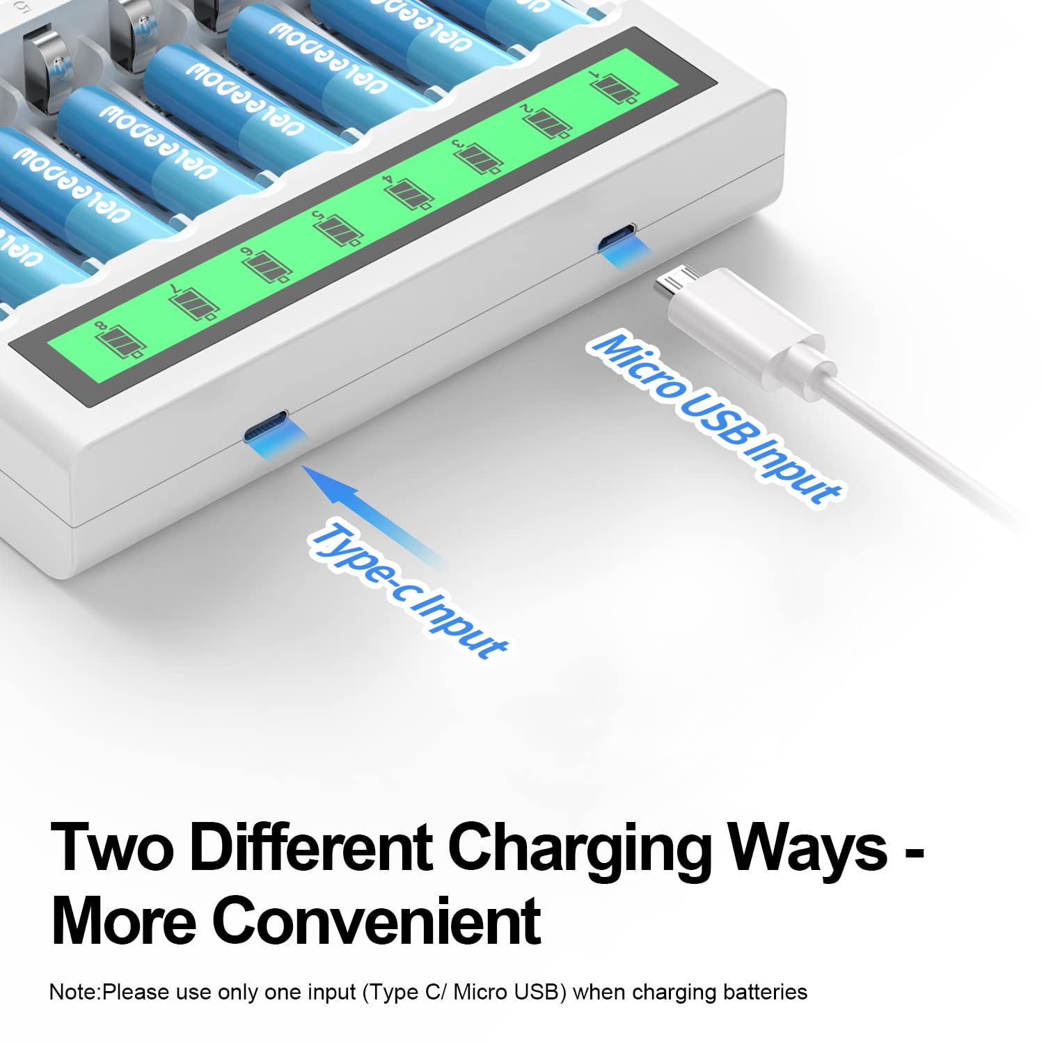 Deleepow AAA Batteries Rechargeable 1100mAh Nimh AAA Rechargeable Batteries 8-Pack 1.2V 1200 Cycles with USB-C and Micro USB 2 Charge Port LCD Charger