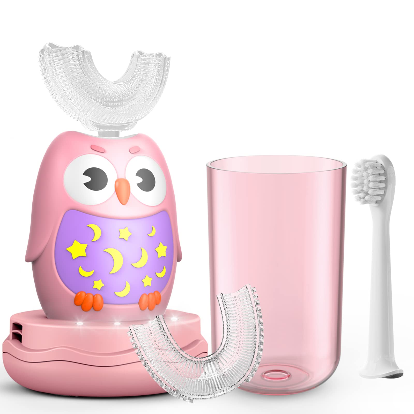 AUITRONCARE Kids Toothbrush Electric, Toddler Electric Toothbrush Ultrasonic Toothbrush 360° Cleaning U Shaped Toothbrush Come with 3 Brushing Heads and Cup for Toddlers & Children (Owl-Pink)