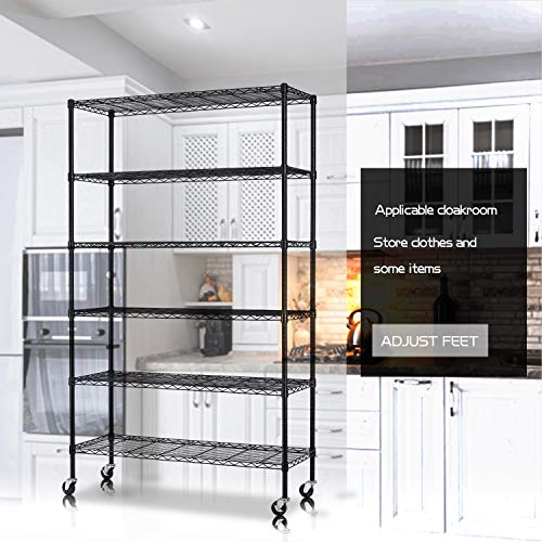 HCB 6-Tier Storage Shelf Heavy Duty Wire Shelving Unit 82"x48"x18" Height Adjustable Metal Steel Wire with Casters for Restaurant Garage Pantry Kitchen Rack (Black)