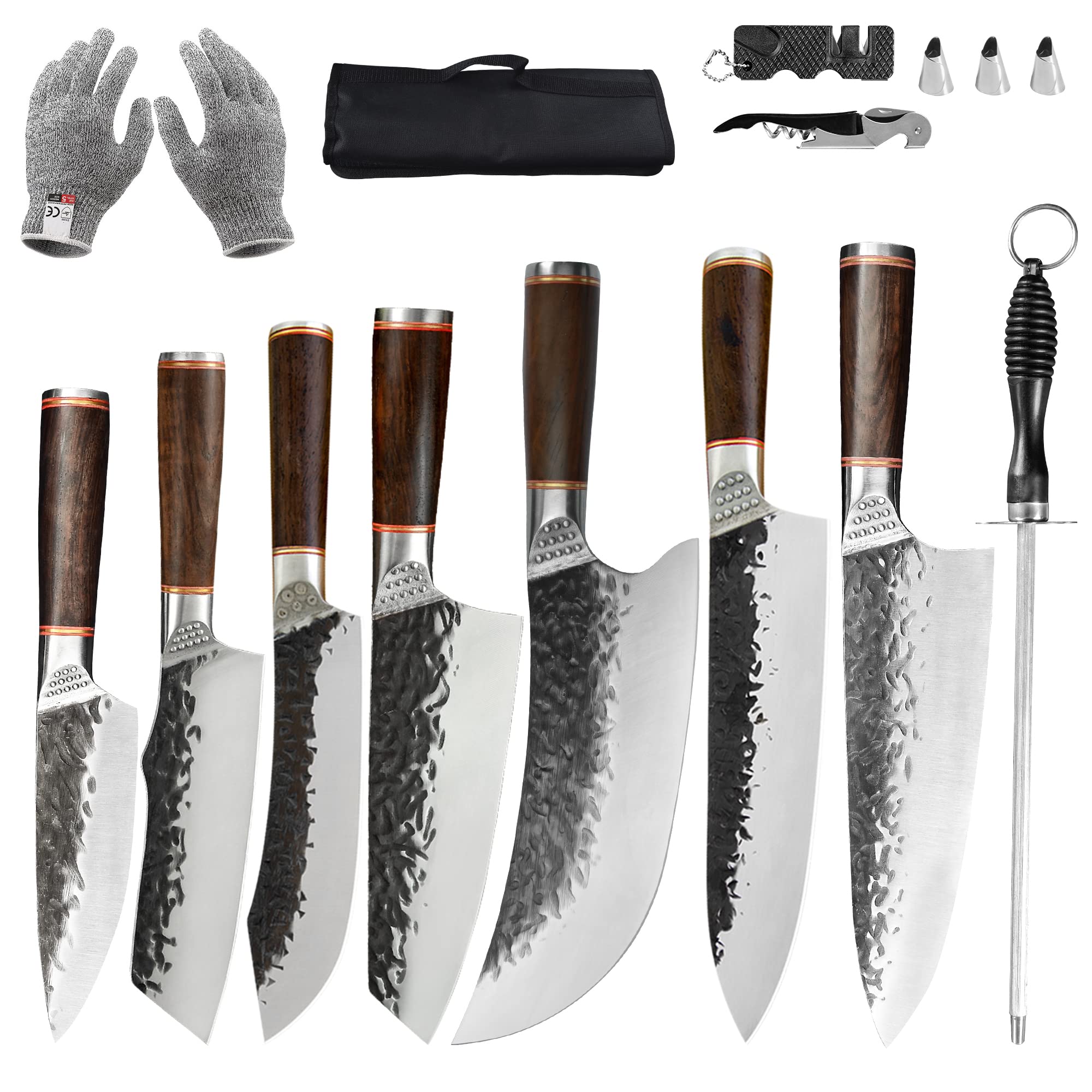 13pcs Serbian Chef Knife Set include sheath High Carbon Steel Cleaver Kitchen Knife Whole Tang Vegetable Cleaver Home BBQ Camping with Knife Bag