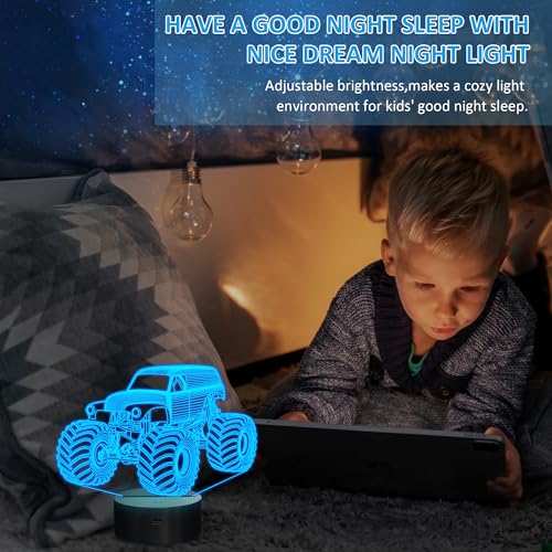 FULLOSUN Monster Truck Gifts, Car, Dirt Bike 3D Night Light for Kids (4 Patterns) with Remote Control & 16 Colors Changing & Dimmable Function & Gift Wrap, Xmas Birthday Gifts for Boy Girl (KIT1)