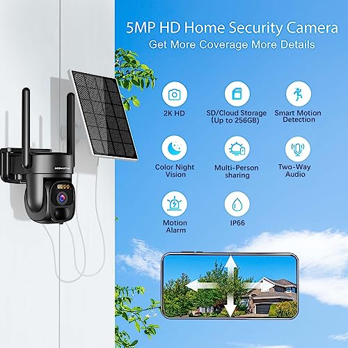 3K 5Dbi Solar Security Cameras Wireless Outdoor Cameras for Home Security, 5MP 4X Digital Zoom 360° PTZ Battery Powered WiFi Camera with Spotlight Siren,Color Night Vision,Motion Detection,2-Way Audio