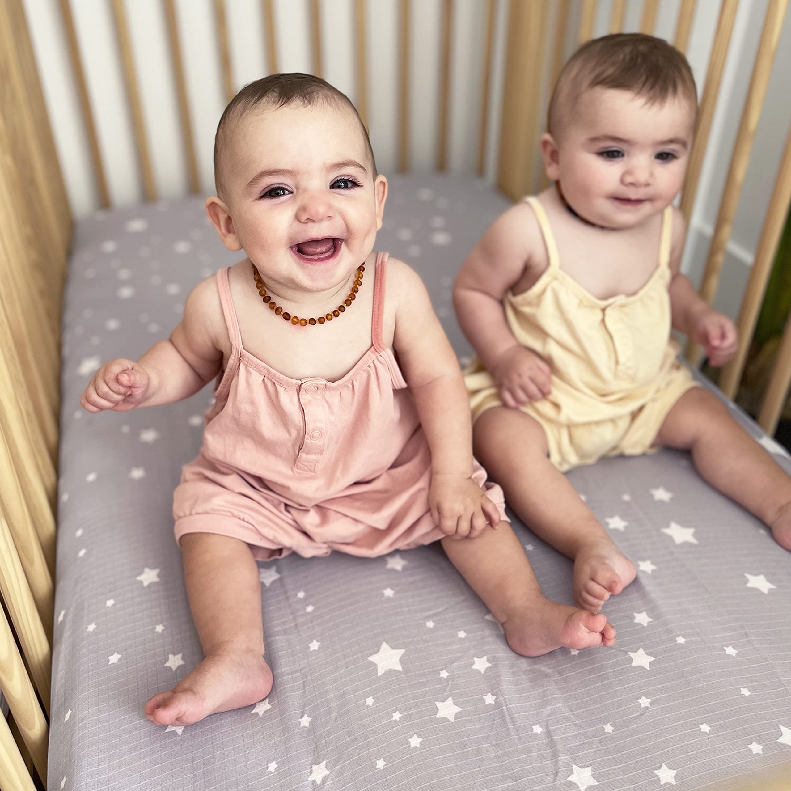 Newton Baby Fitted Mini Crib Sheets (2-Pack) | Organic Muslin Cotton, Breathable & Soft Baby Sheets, Washable Baby Mattress Sheets, Fits Any Mini Sized Crib 24" x 38", Stardust Twilight Grey + White