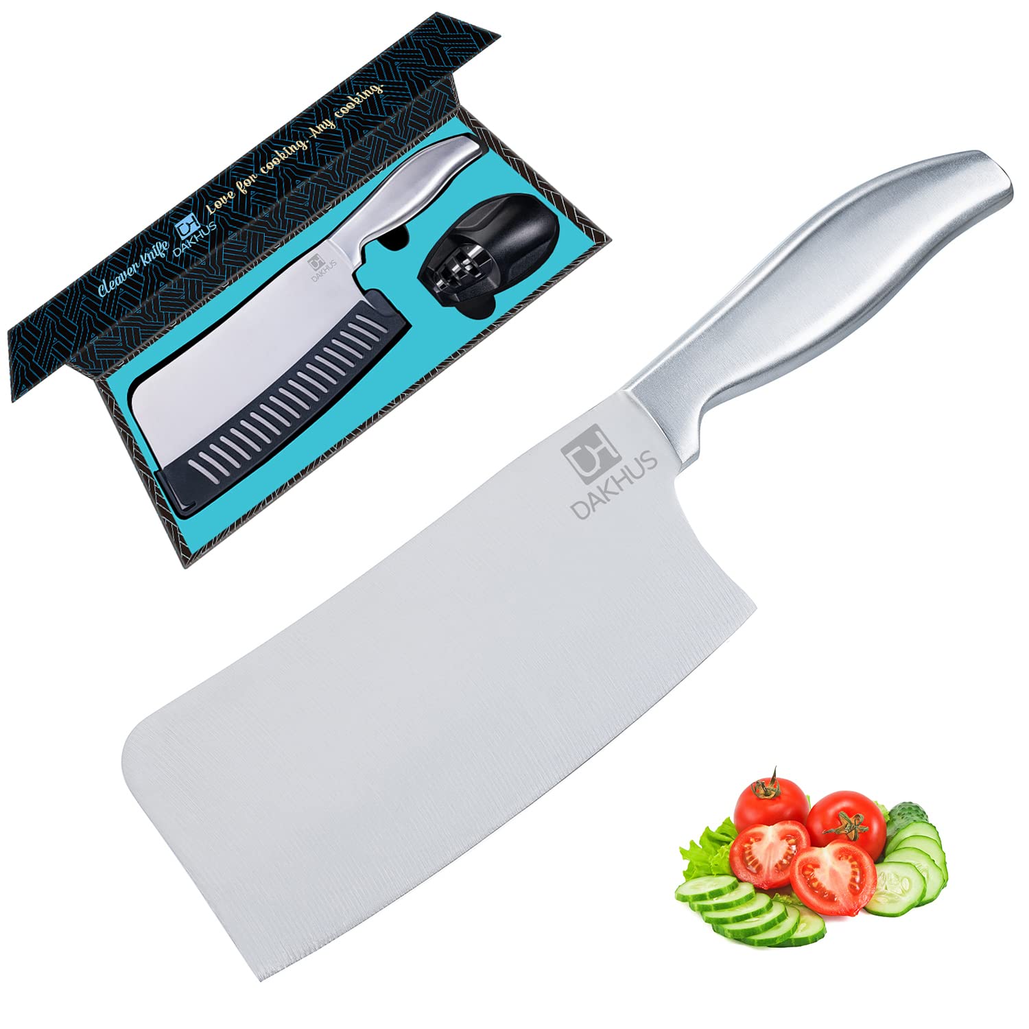 Dakhus Meat Cleaver | Kitchen Knife for Cutting, Stainless Steel Chopping, Slicing, Dicing Comfortable Handle Sharp Butcher Knife + Sheath + Sharpener, 3x12 inches Cleaver Knife