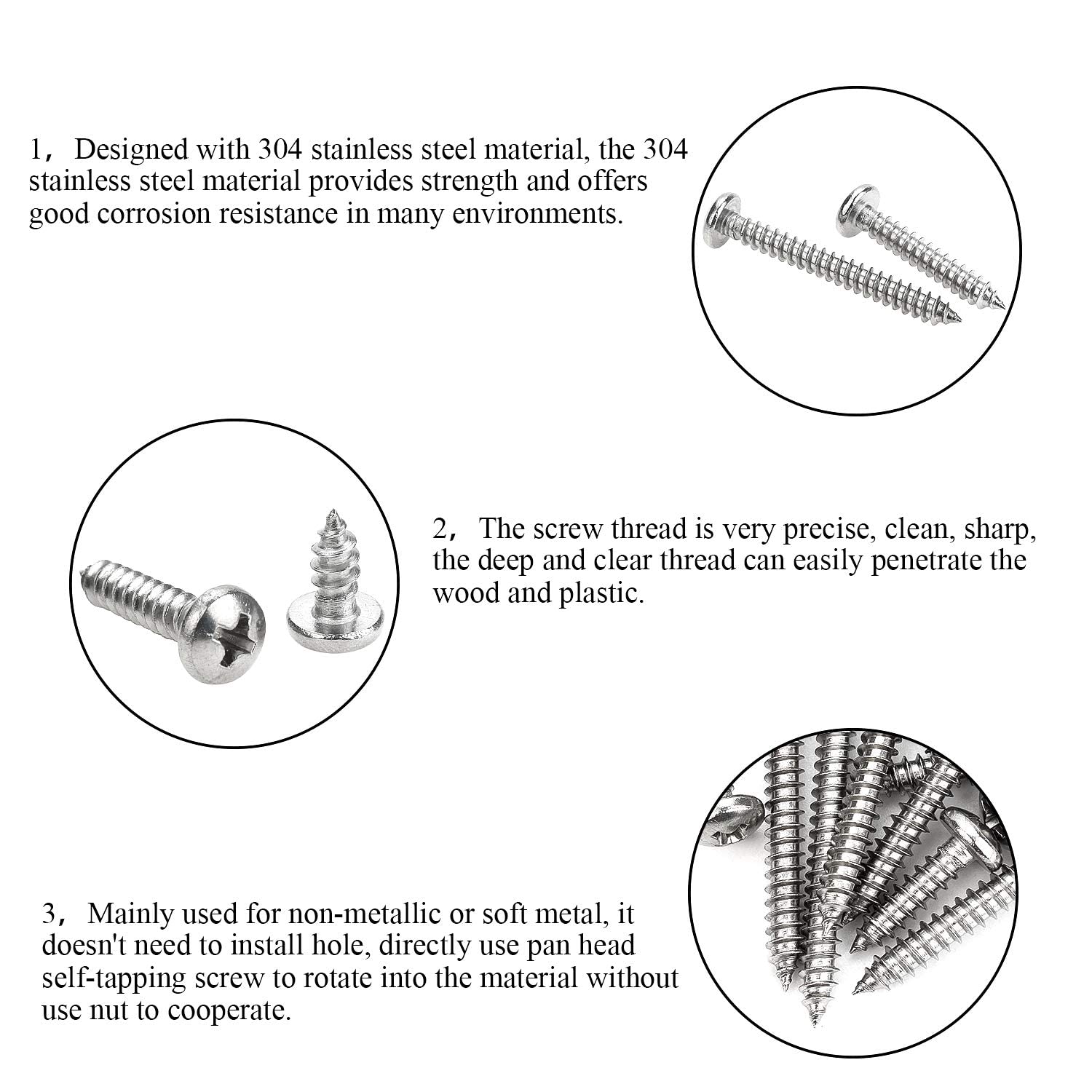 DYWISHKEY 200 Pieces #8 x 3/8", 1/2", 5/8", 3/4", 1", 1-1/4", 1-1/2", 1-5/8" Stainless Steel 304 Phillips Pan Head Self-Tapping Screws, Wood Screws Assortment Kit
