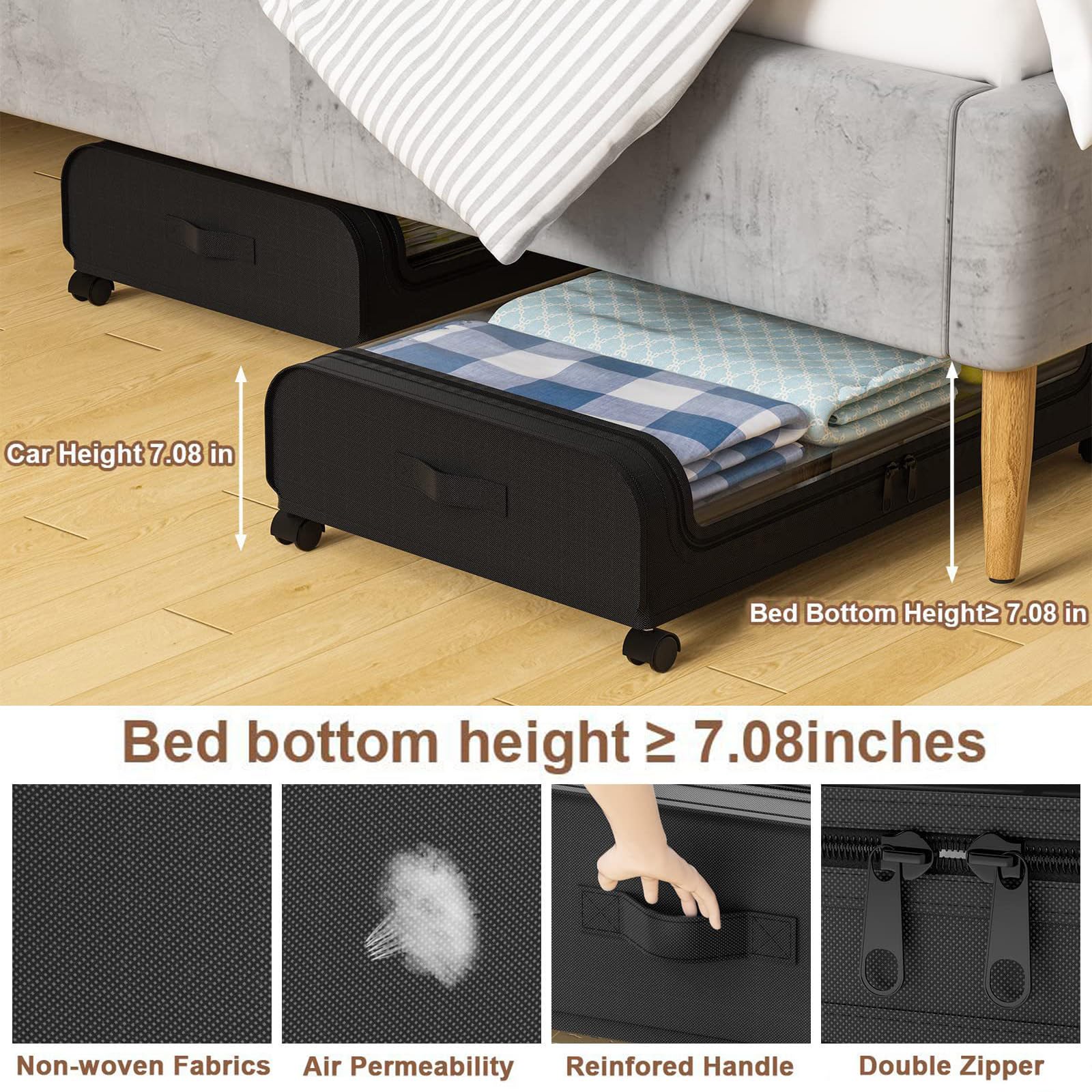 2 Pack UnderBed Storage with Wheels - Large Under Bed Storage with Clear Lid, Underbed Rolling Storage Containers for Shoes, Clothes, Blankets, Books, Toys (Black-A)
