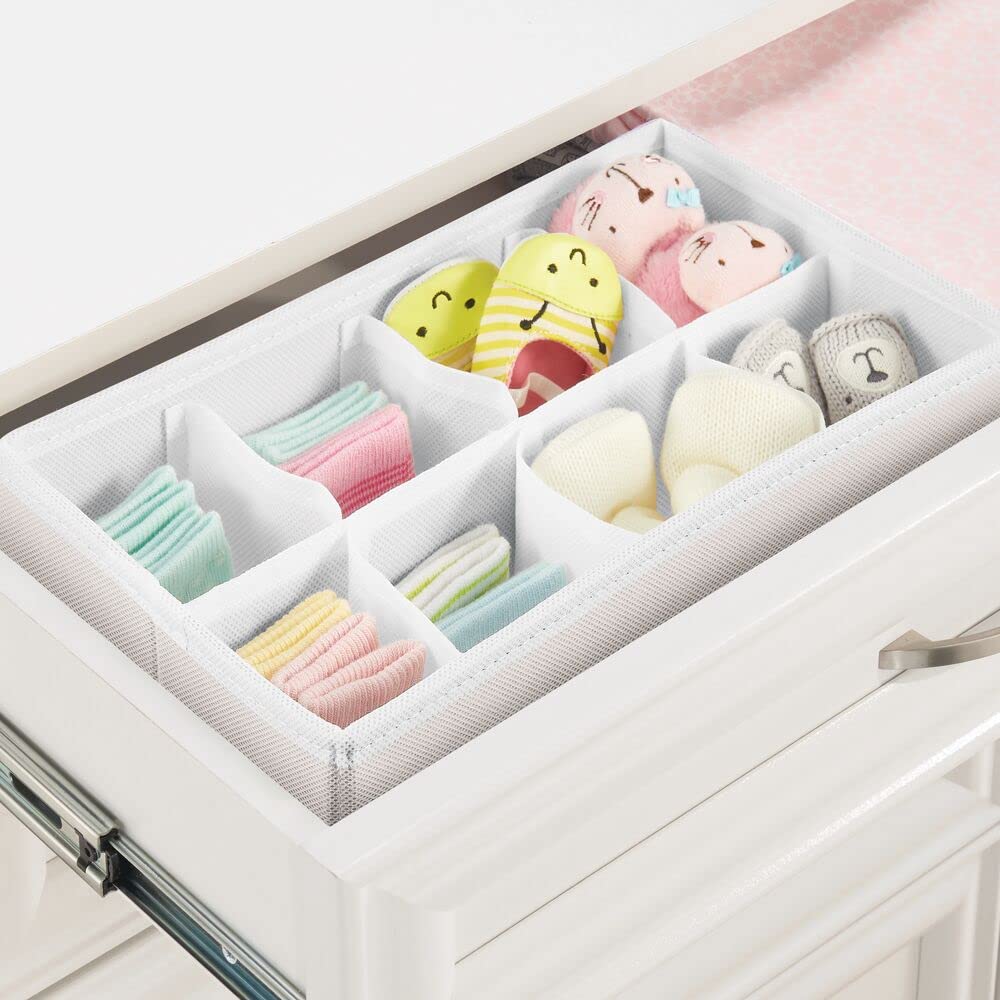 mDesign Fabric 8-Section Divider Drawer Organizer Bin for Baby Nursery Dresser, Closet, Changing Table Organization, Hold Clothes, Toys, Diapers, Bib, Blanket, Jane Collection, 2 Pack, Cream/White