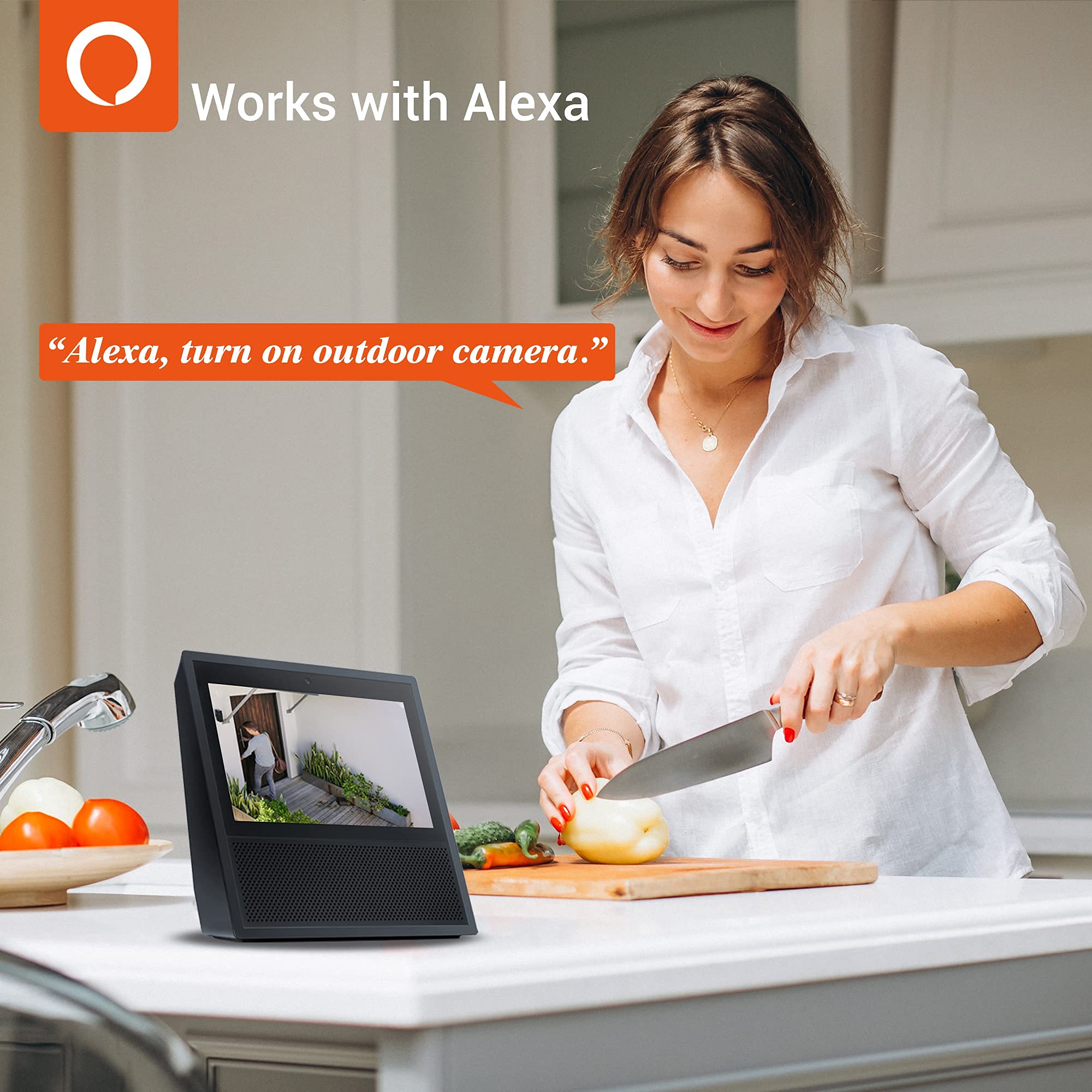 SHO Outdoor Plug-in Smart Security WiFi Camera, 1080P HD Video, IP66 Weatherproof, Motion Detection, Night Vision, Cloud Service, Compatible with Alexa and Google Home, 2 Pack