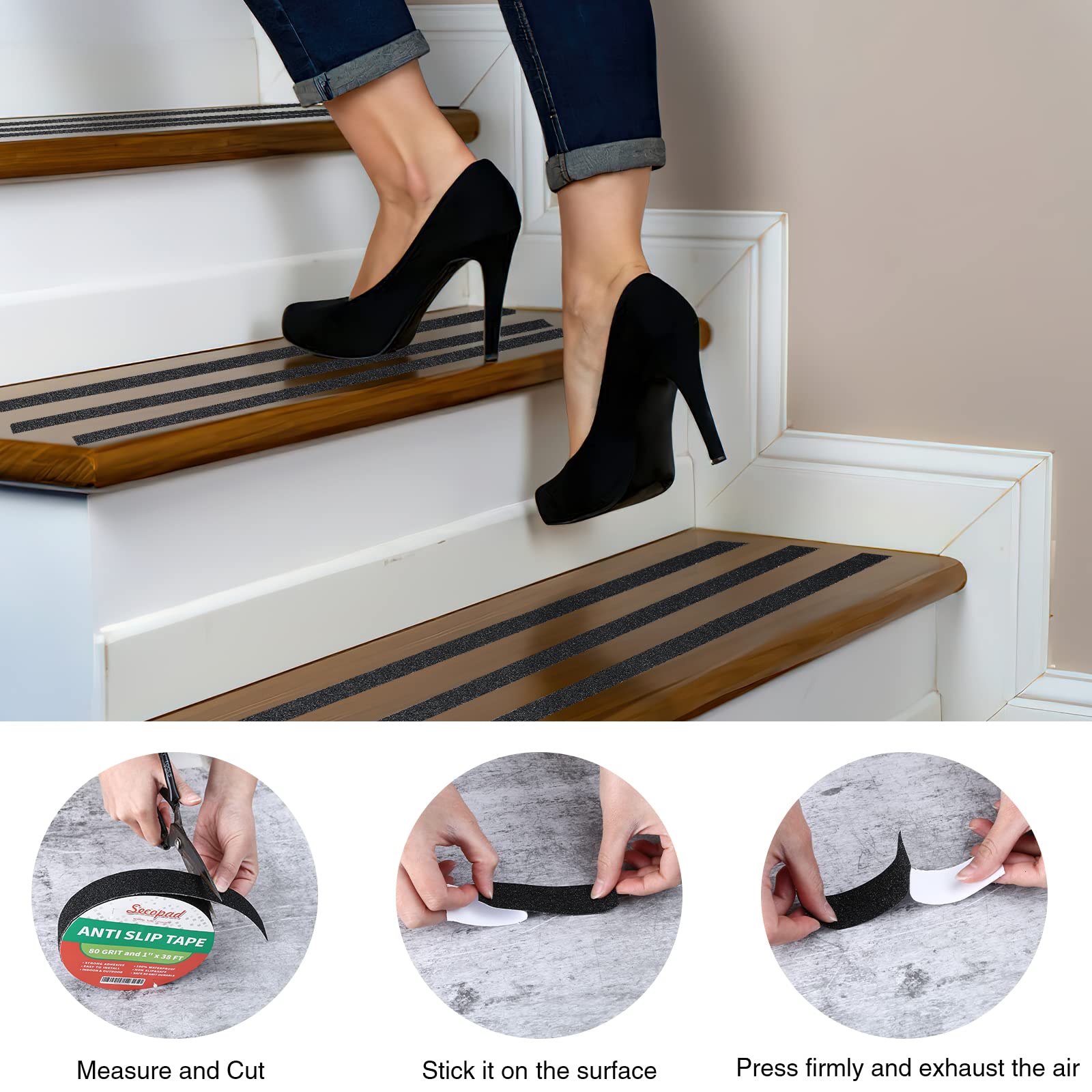 Secopad Grip Tape for Stairs, 1" X 38 Ft (456") Anti Slip Tape Outdoor Waterproof, Non Slip Step Tape Strips, Safety Tread Tape