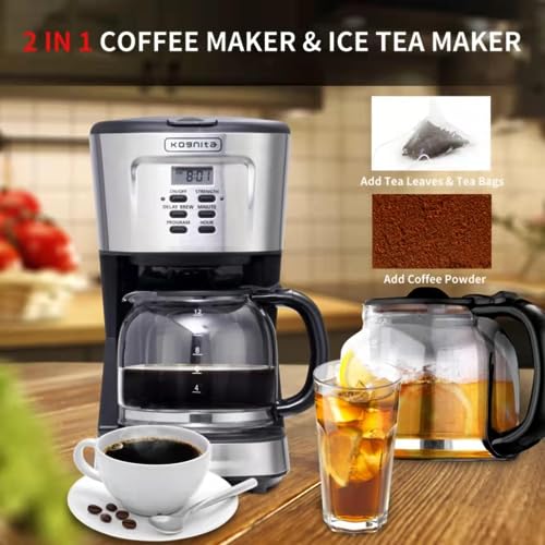 12 Cup Coffee Maker,Programmable Coffee Machine & Ice Tea Maker with Glass Carafe,4-12 Cups Drip Coffee Pot,900W Quick Brew,Auto Keep Warm,Anti-Drip,Brew Strength Control,Small Coffe Maker for Home and Office,Stainless Steel