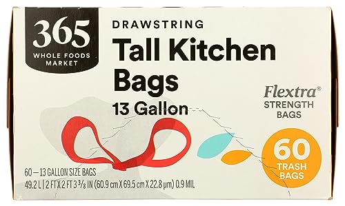 365 by Whole Foods Market, Bag Kitchen Tall Drawsting Flextra 13 Gallon, 60 Count