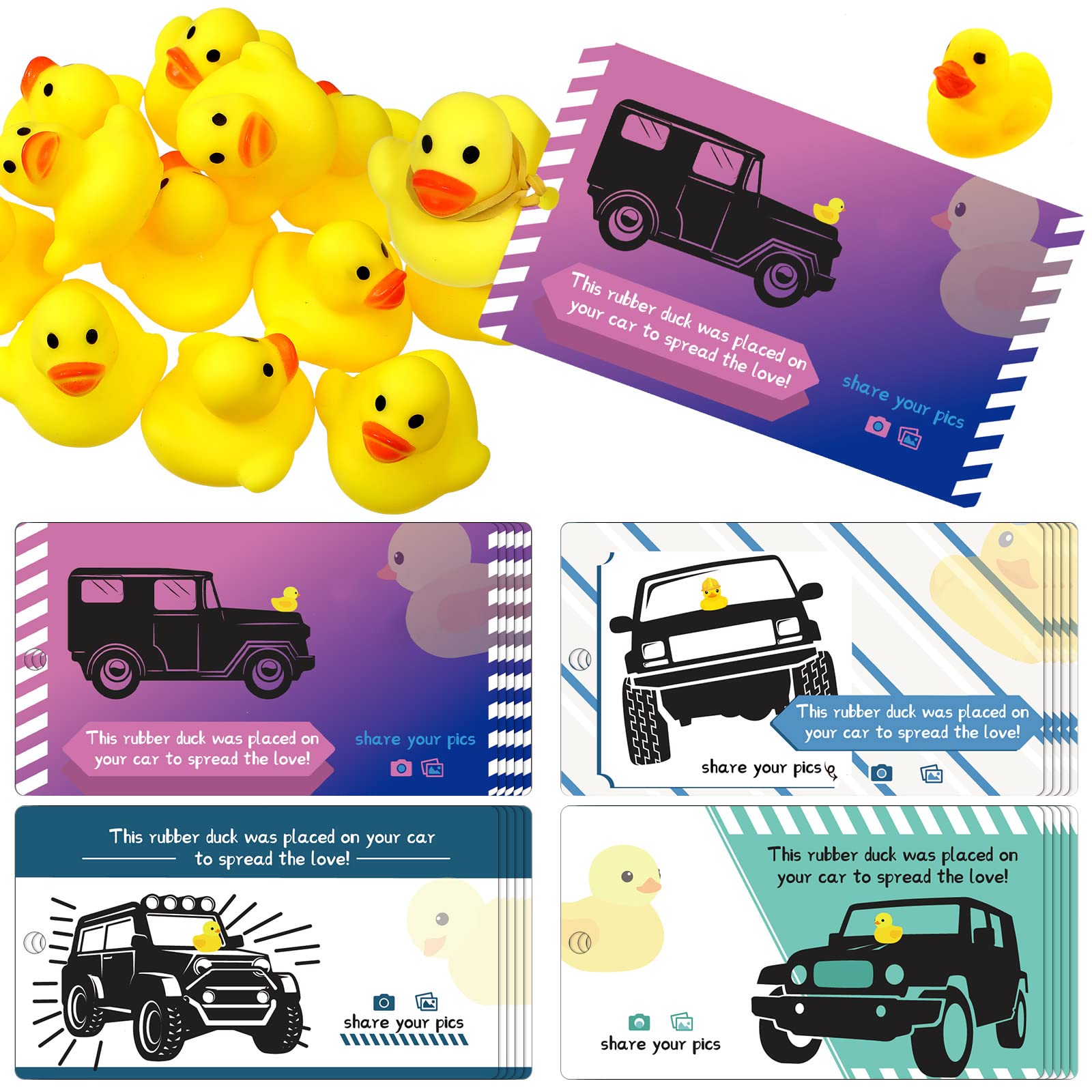 32 Pieces Duck Card and 32 Pieces Mini Rubber Duck with 48 Mixed Color Rubber Band Float Bath Toys Printed Car Duck Tags for Ducking Ducky Toys for Bath Supplies (Popular Style)
