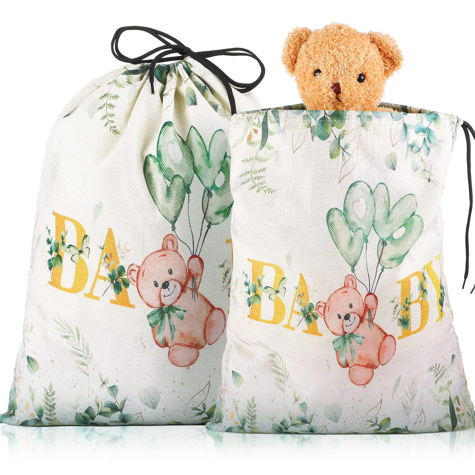 2 Pieces Large Gift Bag with Drawstring Large Canvas Gift Bags Heart Print Drawstring Present Wedding Bags Wrapping Reusable Bag Present Wrap Bags for Christmas, 20 x 16 in (Green,Baby)
