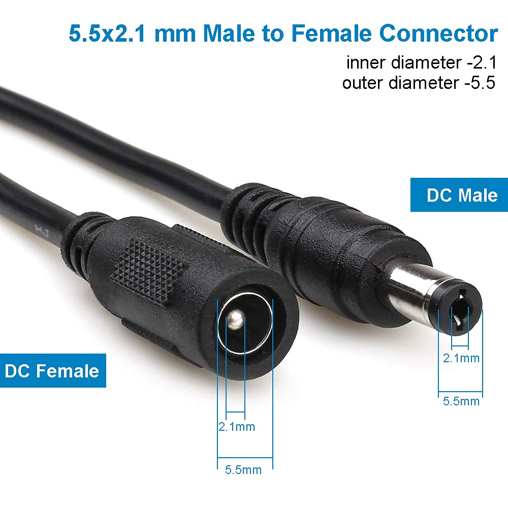 2-Pack 10ft DC Extension Cord 5.5mm x 2.1mm, Universal DC 12V Power Extension Cable for Security Camera, LED Strip, CCTV IP Surveillance, 5V 9V 24V 12 Volt Male to Female Plug Supply Adapter