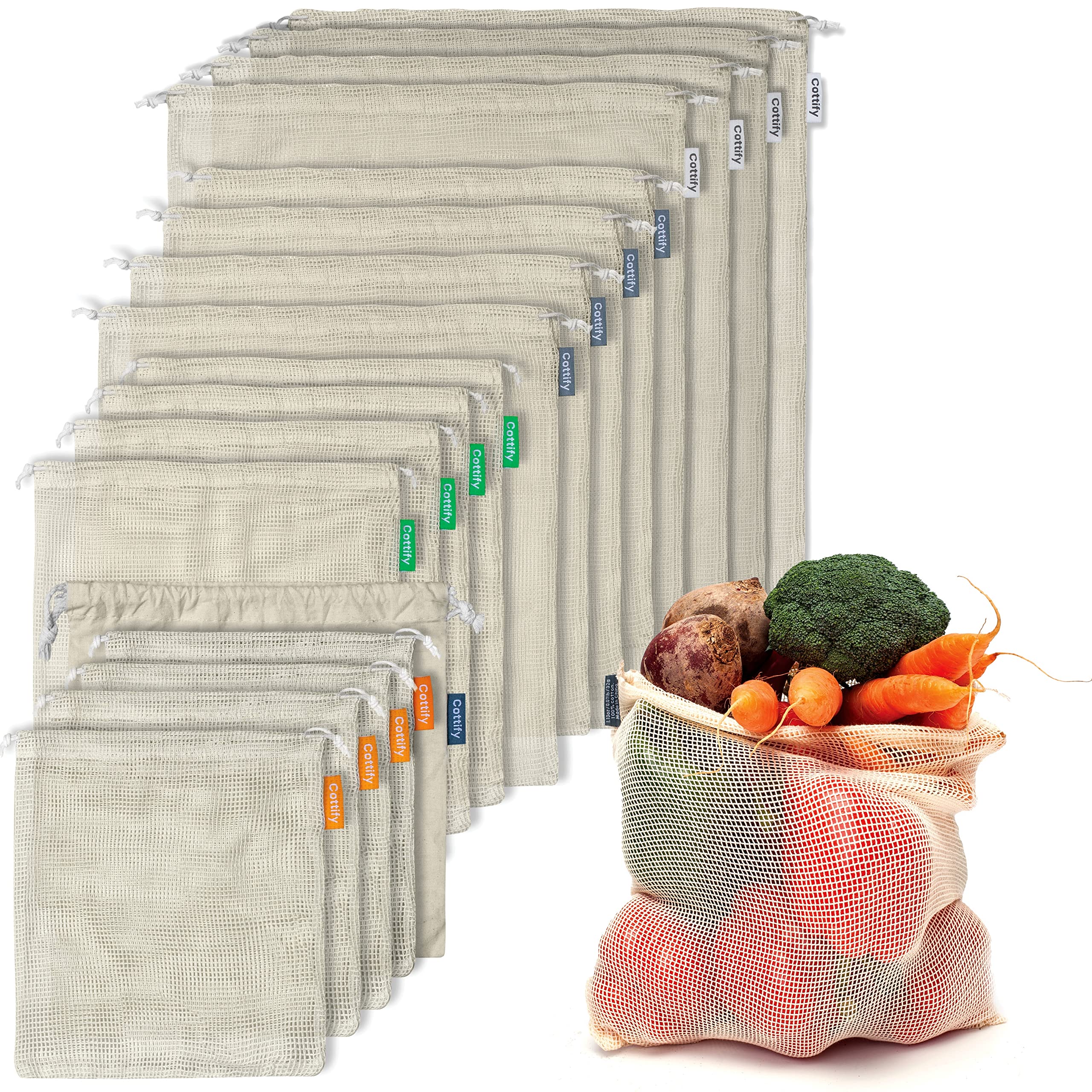 17 Reusable Cotton Mesh Produce Bags - 100% Organic Cotton, Durable, Double Stitched, Washable with Tare Weight & Drawstring - Mesh Bags for Grocery Shopping, Vegetables & Fruits, produce bgs 4 sizes