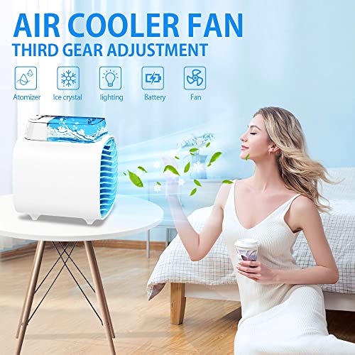 2022 Portable Air Conditioner, USB Rechargeable 3 Speeds Personal Evaporative Air Cooler Cooling Desktop Humidifier Fan with Blue Atmosphere Light for Room/Office/Desk/Nightstand/Camping (Style 04)