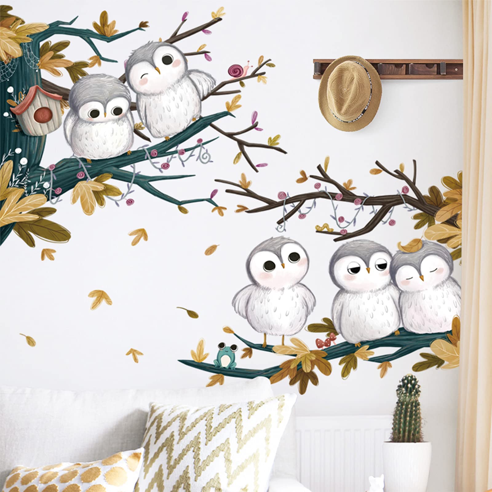 NOA Owls on Branches Cartoon Wall Sticker, Removable Waterproof Vinyl Animal Flowers Decal Decor, Lovely Art Mural for Nursery Bedroom Kids Room Home Decoration