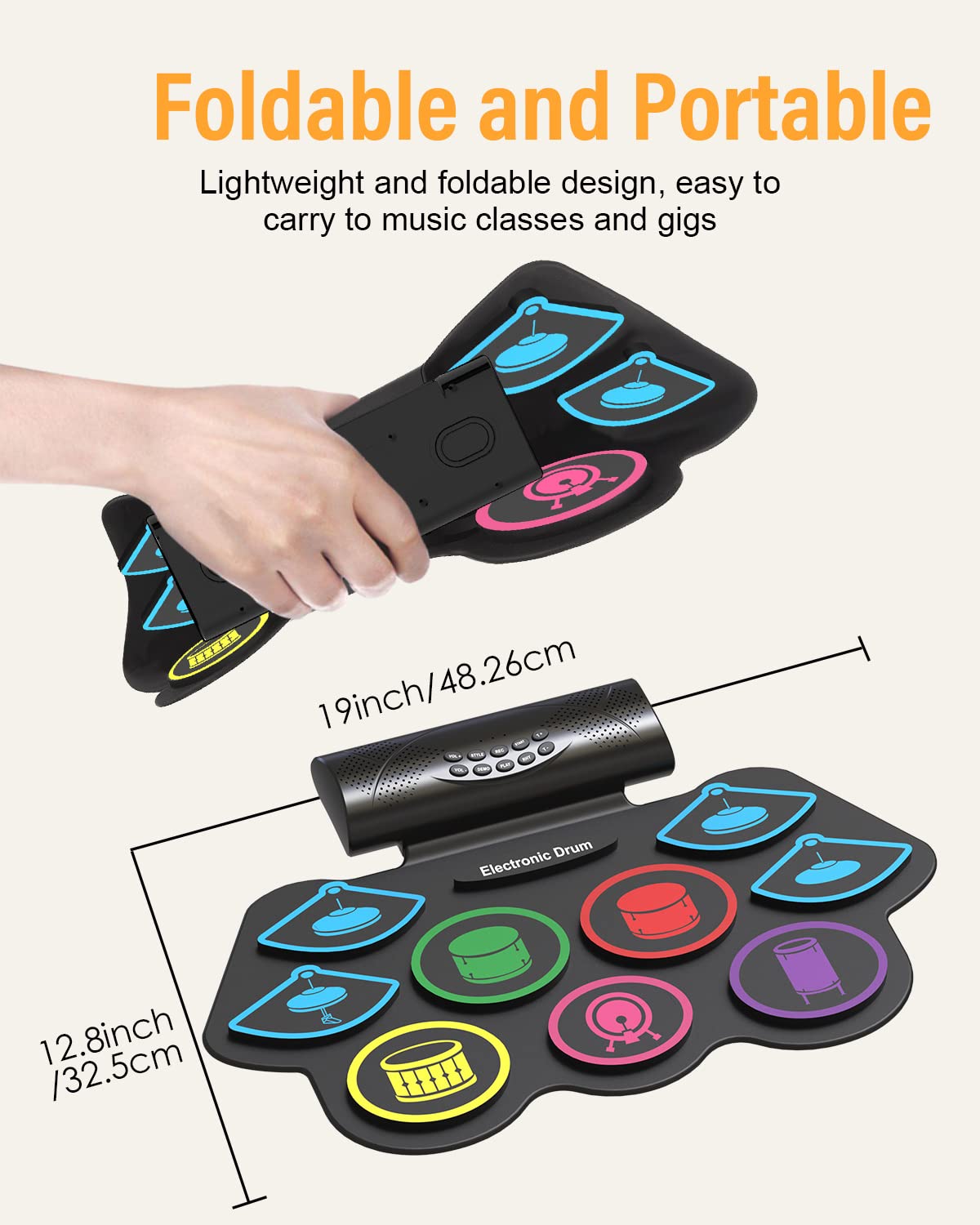 9 Pads Electronic Drum Set, 19Γ13 Inch Roll-Up Drum Portable Drum Pad Kit With MIDI Education Function, Built-in Speaker, Supports headphone/Bluetooth, Great Holiday Birthday Gift for Kids β Colorful
