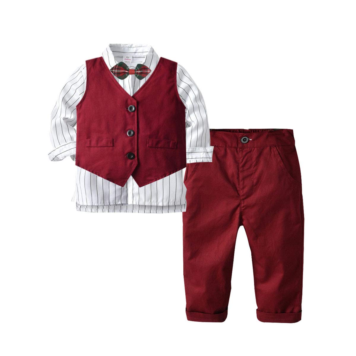 Boys Formal Outfit Suit, Toddler Boys 3Pcs Clothing Set Long Sleeve Bowtie Shirt+Vest+Pants Casual Suit Wine Red 0-4T (Wine Red, 18-24 Months)