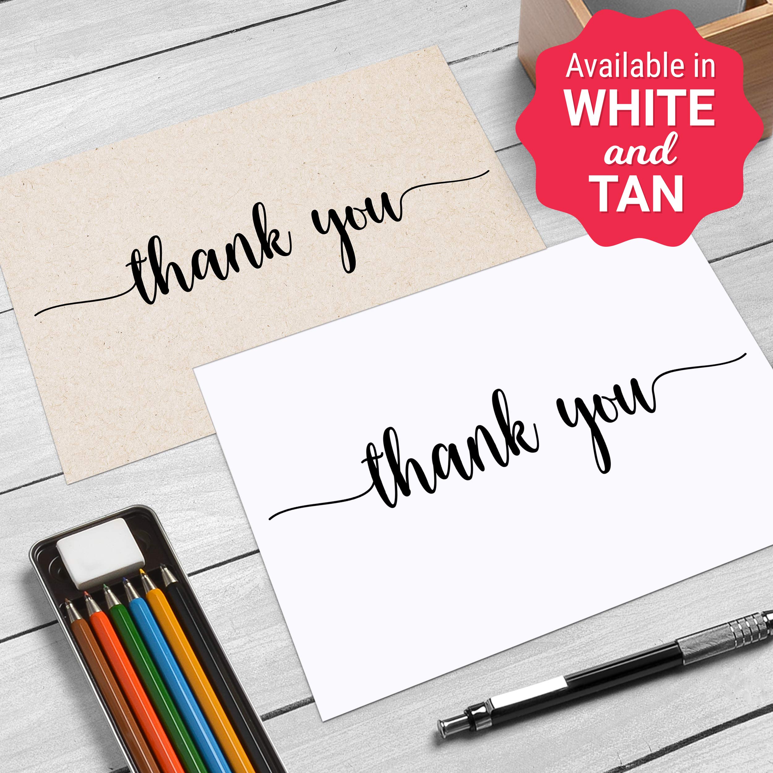 321Done Thank You Note Cards (Set of 50) 4x6 - Blank on Back - Made in USA, Cute Modern Script Kraft Tan Thick Cardstock, Large