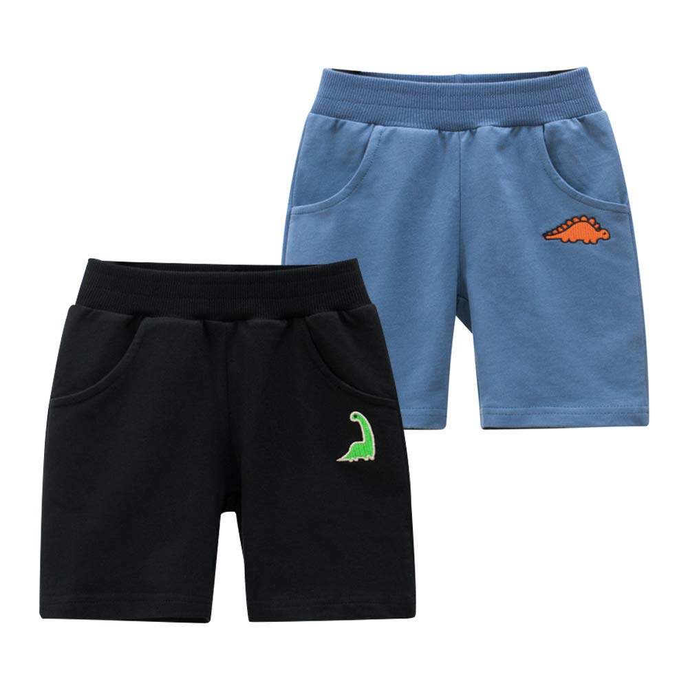 Azalquat Toddler Boys Summer Knit Shorts with Pocket, 2 Pack Baby Pull-On Soft Active Shorts (Dinosaur Black/Blue, 3T)