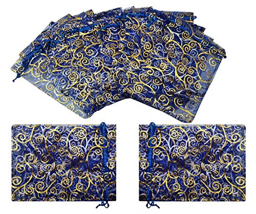 Ankirol 100pcs Sheer Organza Favor Bags 5x7'' for Wedding Bags Samples Display Drawstring Pouches (Blue-Gold Swirl)