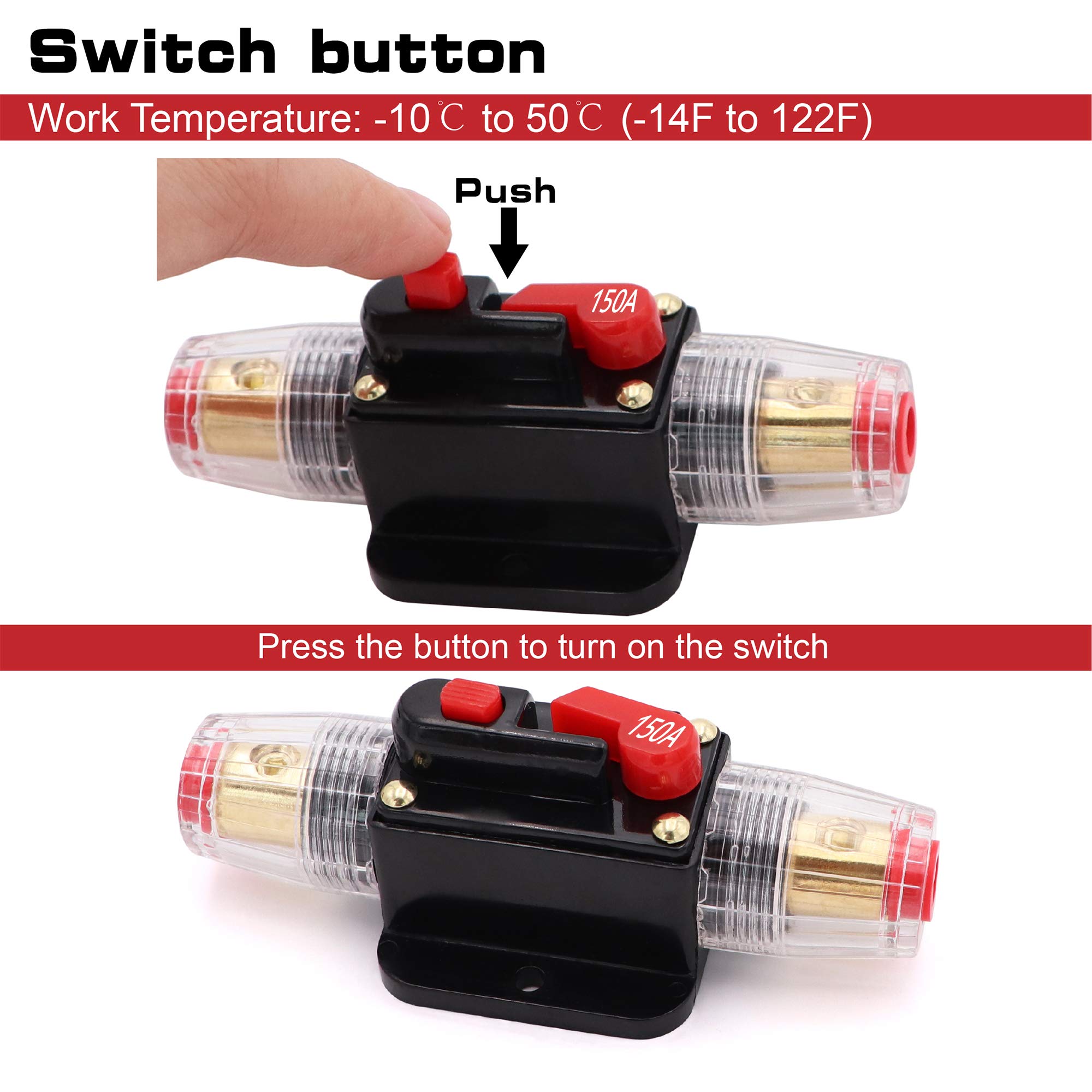 150A Audio Inline Circuit Breaker Reset Fuse Holder 12V-24V DC with Manual Reset and installation Screws for Car Audio, Stereo Switch and Solar Inverter System