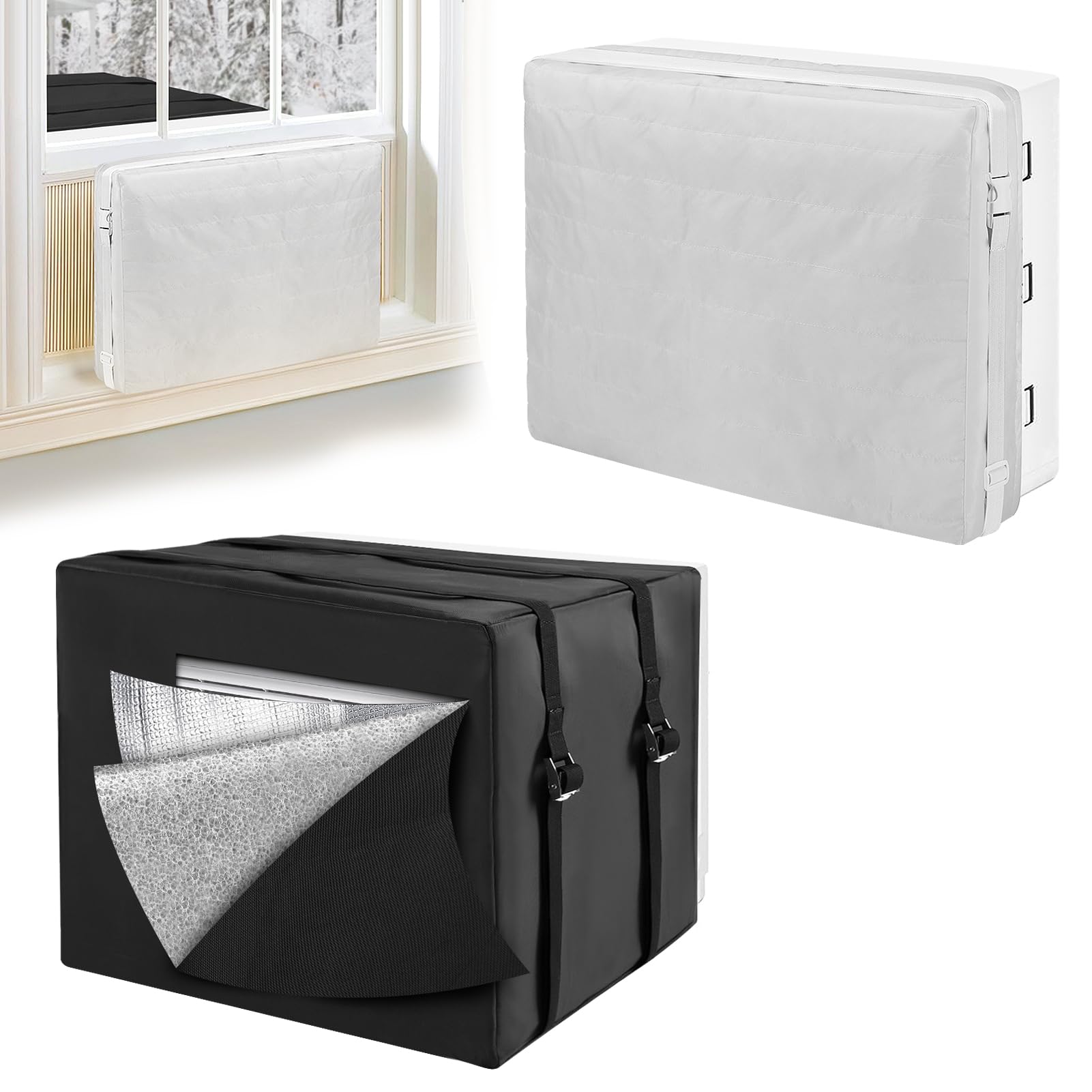 2 Pack Windproof Window AC Cover for Indoor Outdoor - Insulation Air Conditioner Unit Covers with Drawstring for Winter Inside 25''W × 17''H × 3.5''D and Outside 25.5''W × 18''H × 20.5''D