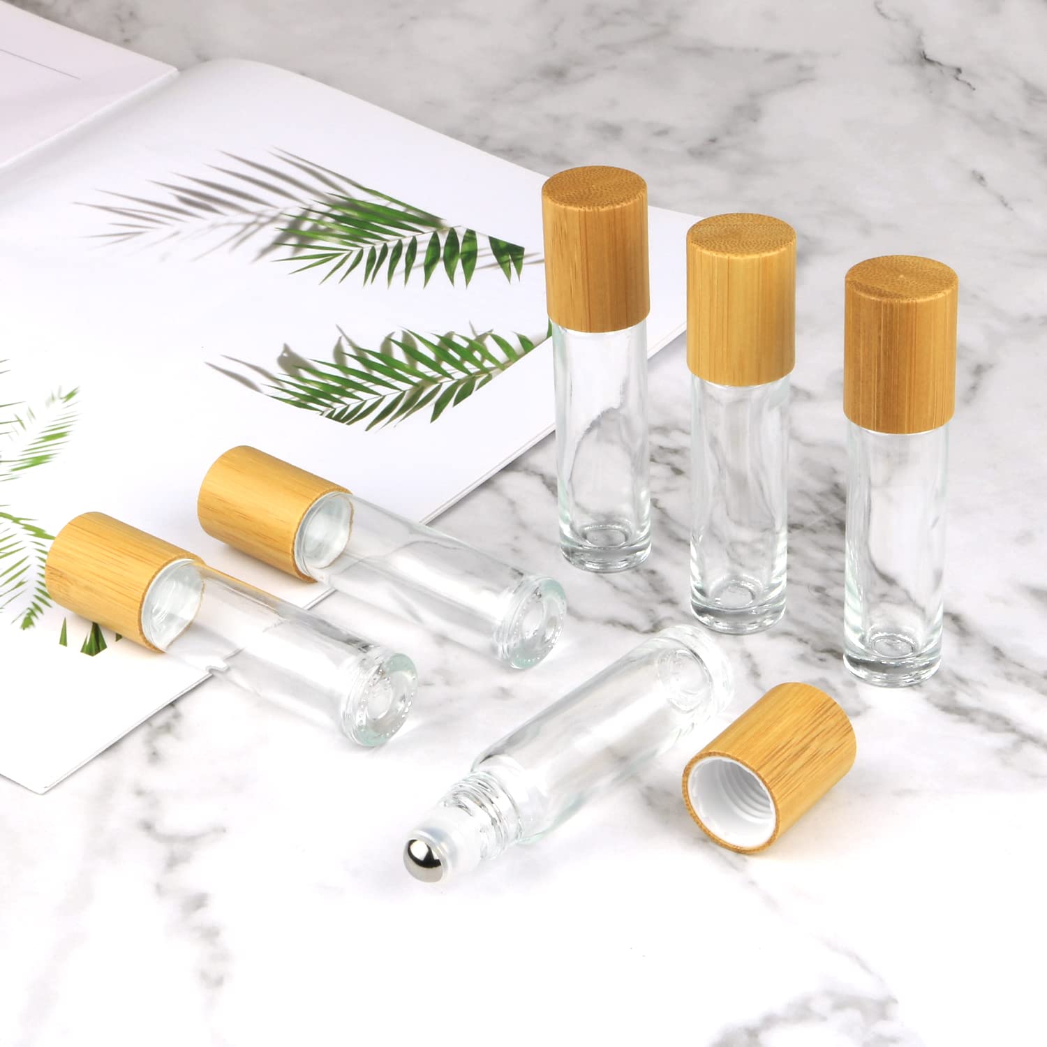 Clear Refillable Glass Empty Roll on Bottles Roller Bottle,10ml Bamboo Roll On Bottle For Essential Oils Perfume Sample Bottles With Stainless Steel Roller Ball &Bamboo Cap,12pcs
