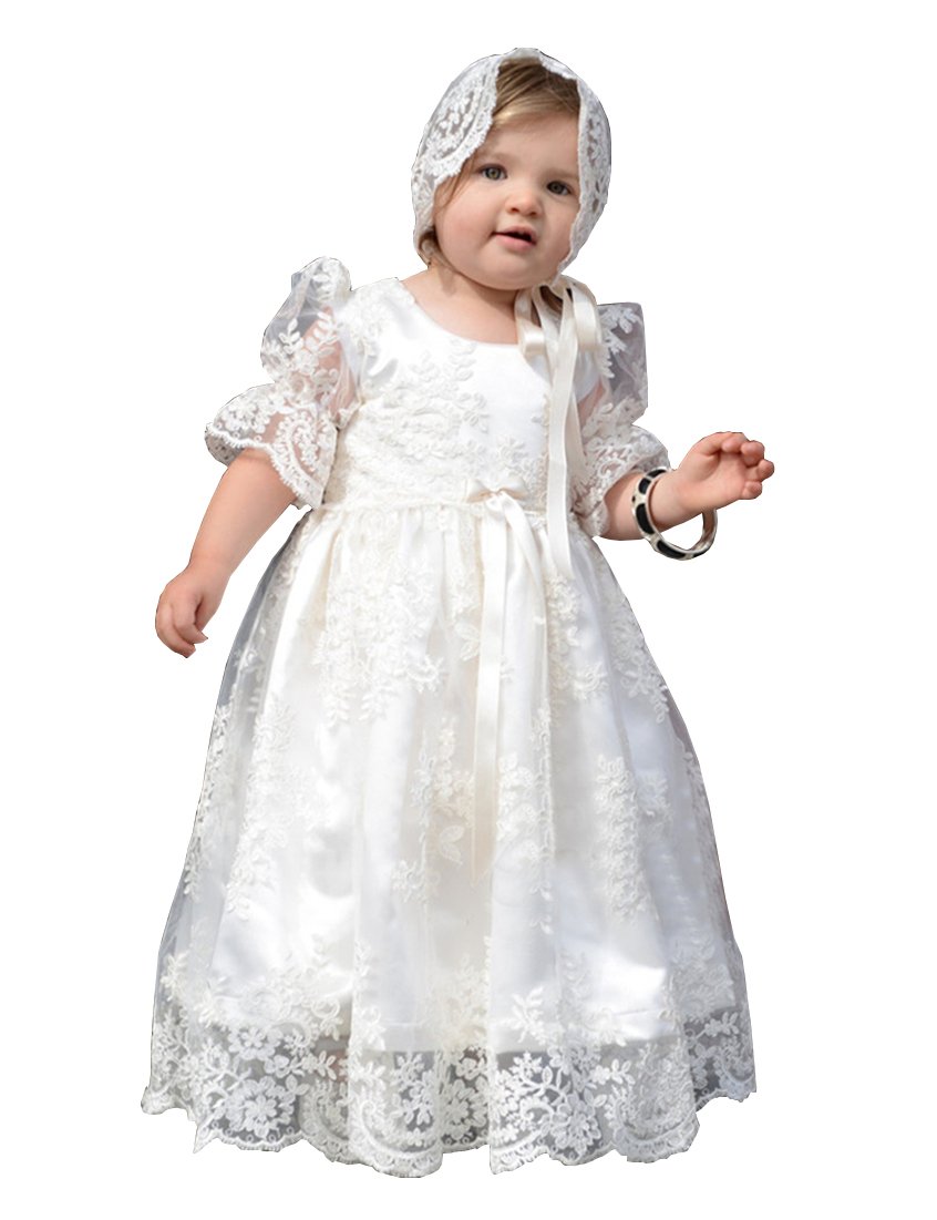 Aorme Long White Lace Bonnet Christening Gowns for Girls with Buttons Half Sleeves