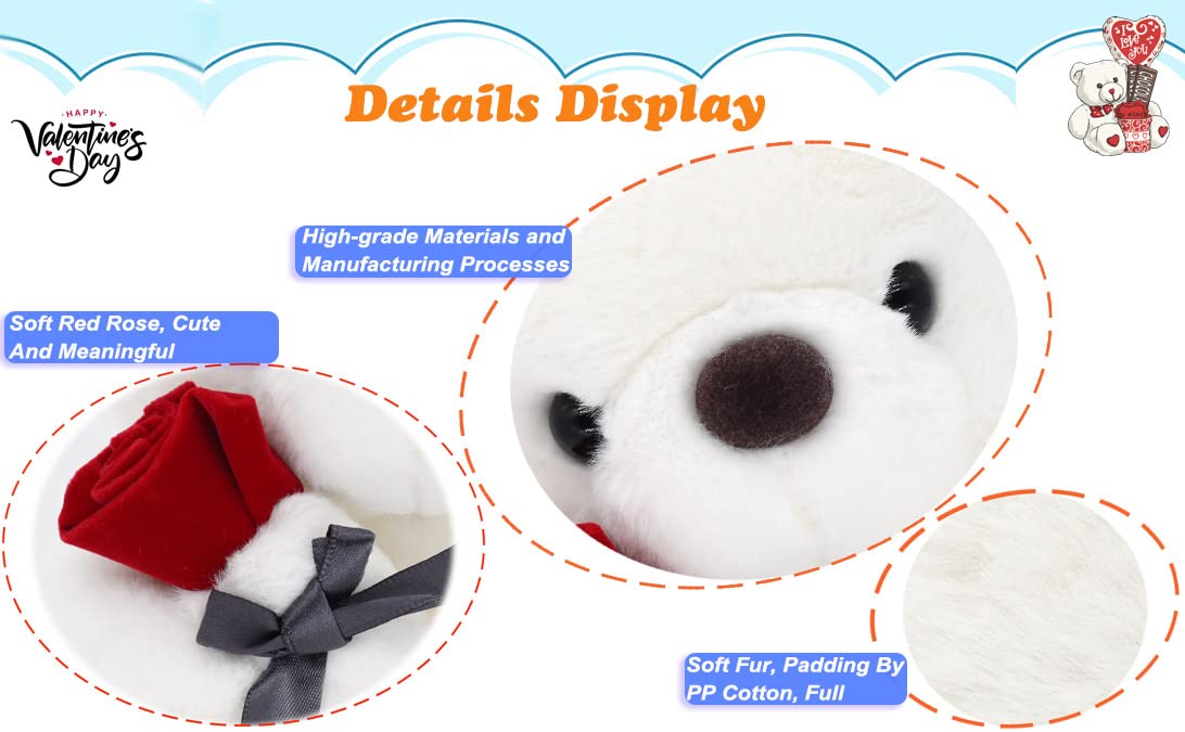 9.8'' Teddy Bear with Rose, Soft Plush Bear Doll Stuffed Animal Toys Valentines Day Decor Gifts for Her/Girlfriend Lover Mom Kids (White)
