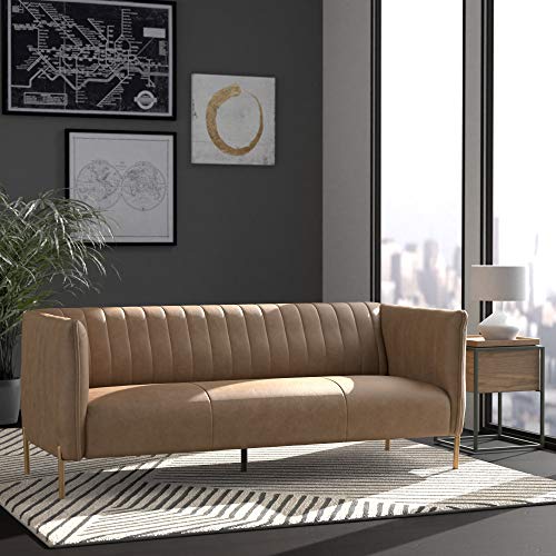 Amazon Brand β Rivet Frederick Mid-Century Channel Tufted Leather Sofa Couch, 77.5"W, Taupe