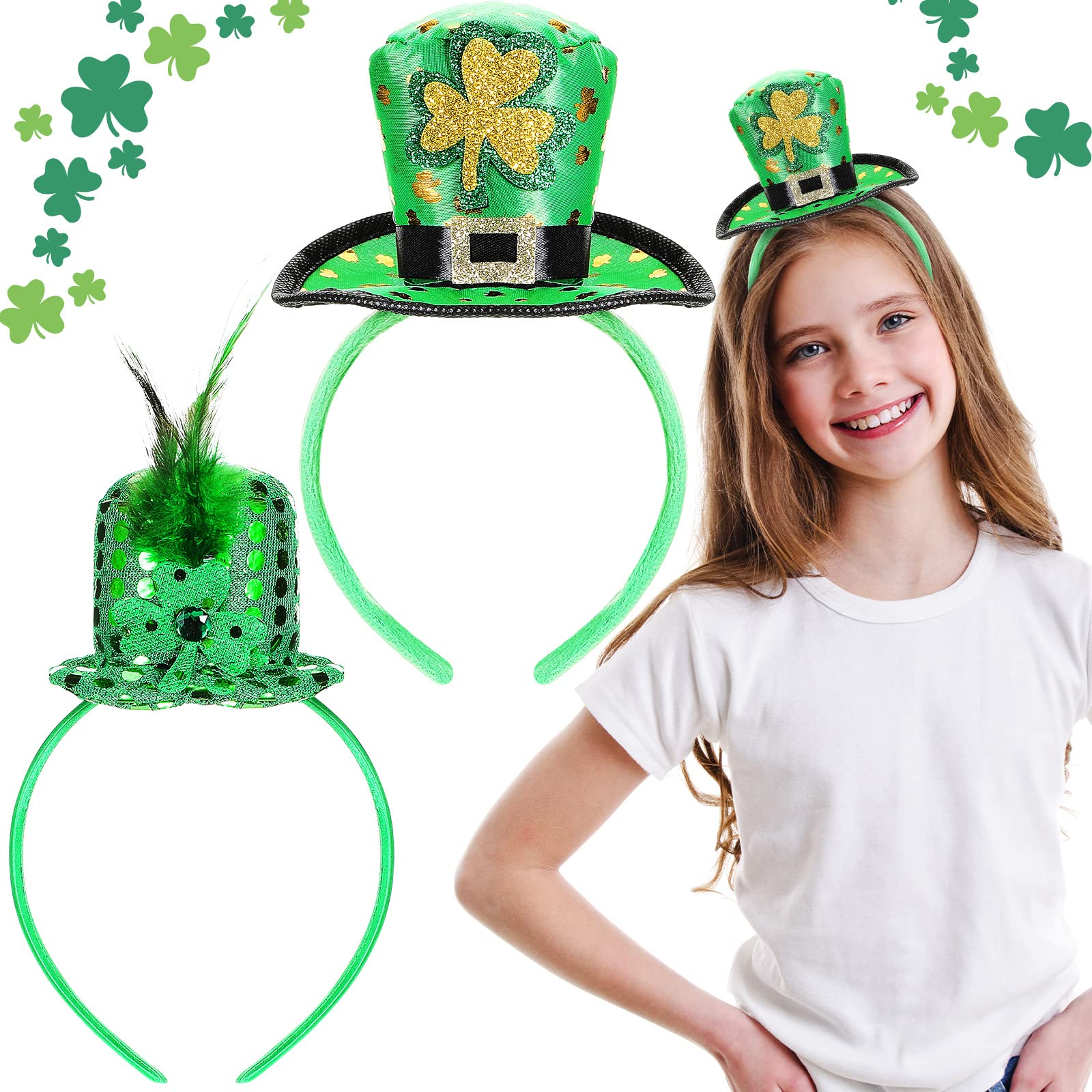 2 Pieces St. Patrick's Day Top Hat Headband Irish Sequin Shamrock Green Hat Headband Saint Patty's Day Headband St Patricks Day Headwear Accessories Irish Feathered Headbands for Women and Children
