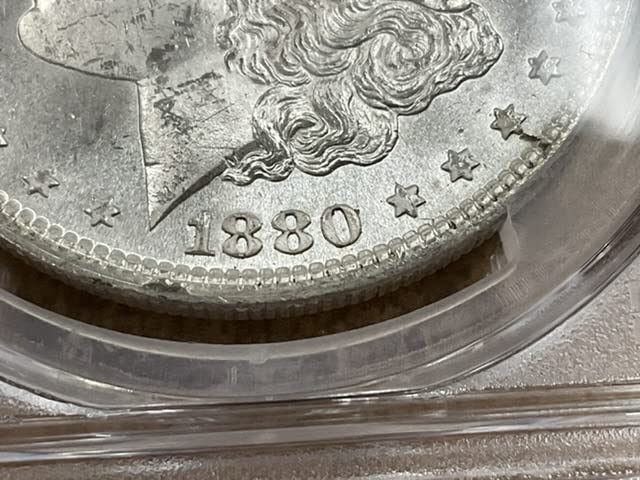 1880 S Morgan silver dollar, blast white VAM 63A, die gouge over A in DOLLAR VAM 11 $1 MS63 PCGS