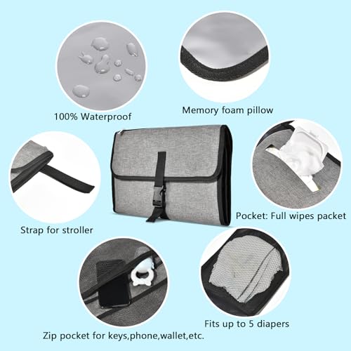 Portable Baby Changing Pad, SKYROKU Detachable Travel Changing Pad, Smart Wipes Pocket with Built-in Pillow -Waterproof & Large Changing Area-Foldable Travel Baby Changing Kit Black