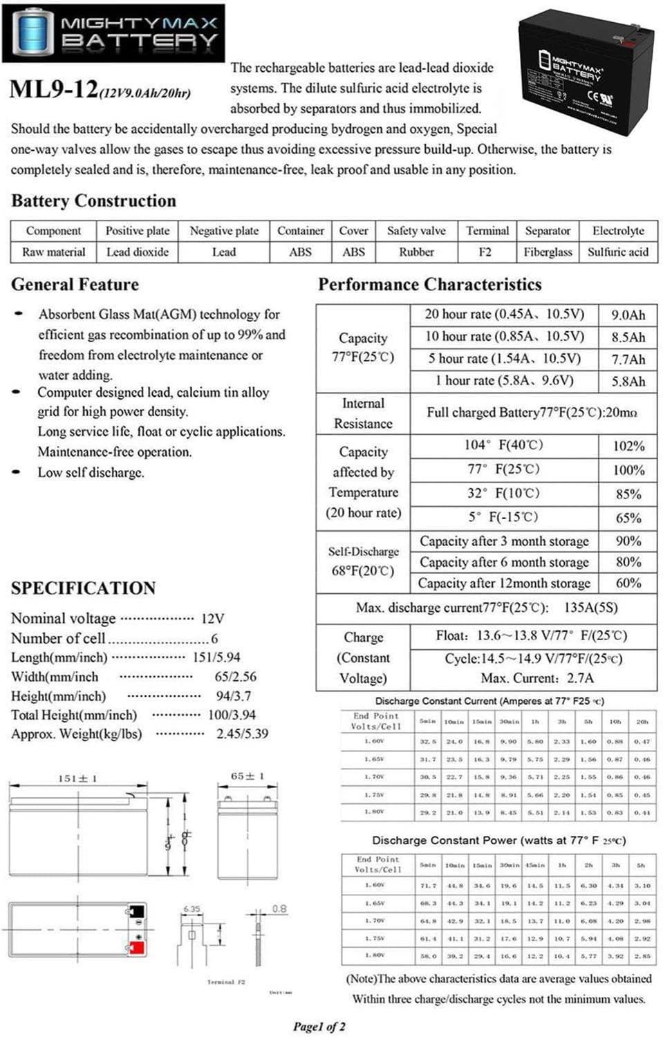 Mighty Max Battery 12v 9ah SLA Battery Replaces leoch djw12-9.0 t2, djw 12-9.0 t2-2pack