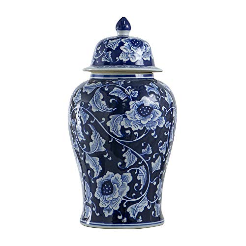 A&B Home 18" Porcelain Decorative Jar with Lid Blue White Floral Print Vase Ginger Jar Centerpiece Decor