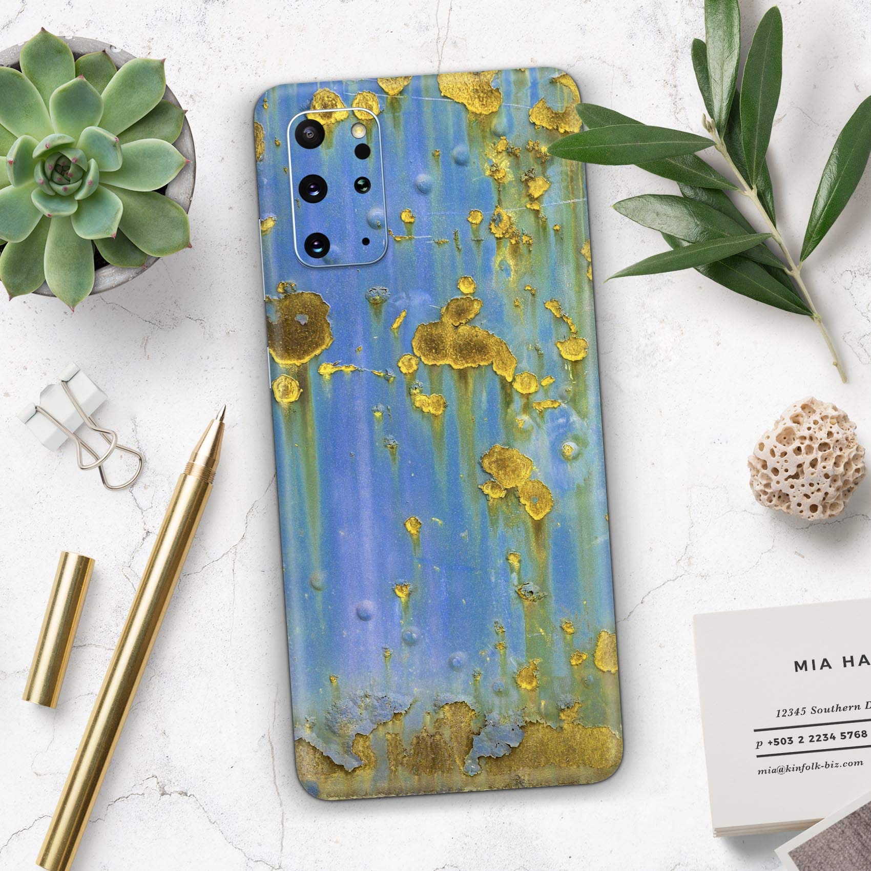 DesignSkinz Blue Metal with Gold Rust Protective Vinyl Decal Wrap Skin Cover Compatible with The Samsung Galaxy S20 (Screen Trim & Back Glass Skin)