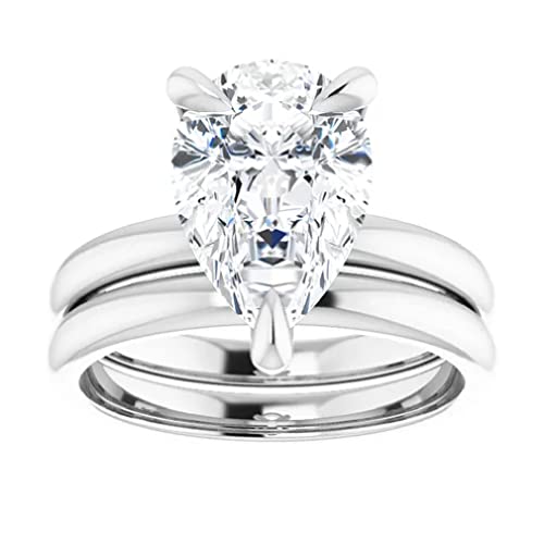 10K Solid White Gold Handmade Engagement Ring 3 CT Pear Cut Moissanite Diamond Solitaire Bridal Wedding Ring Set for Her Women Minimalist Anniversary Propose Gifts