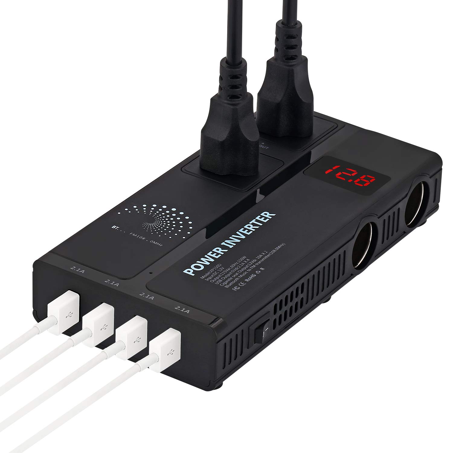 150W Car Power Inverter DC AC Converter 12V to 110V with Four 2.1A Quick Charging USB Charger Adapter, Two 12V Car Cigarette Lighter and Two 115V Outlets
