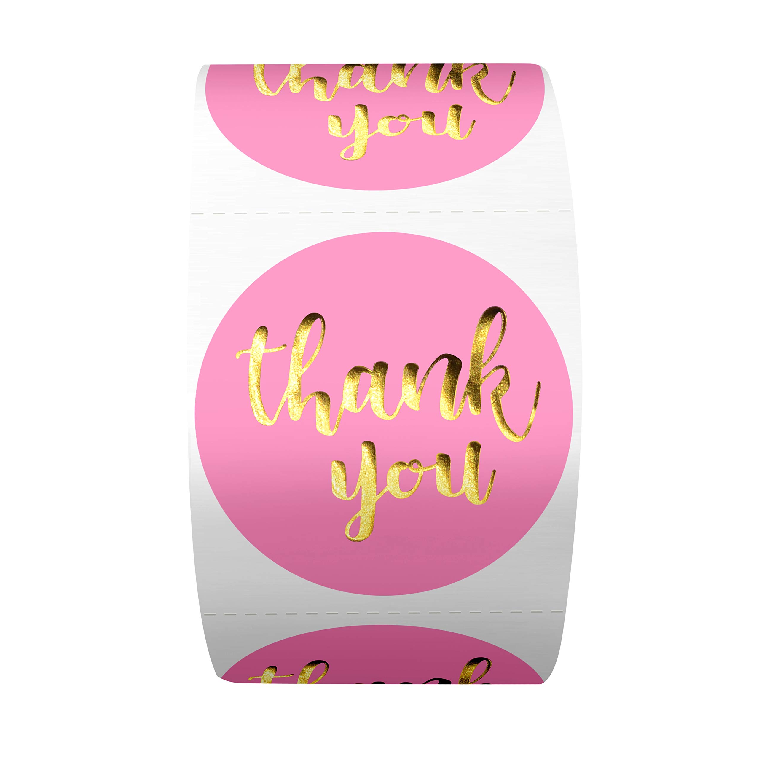 1000 PCS Thank You Stickers Gold Foil Font on Pink Paper with Perforation Line for Personal and Business Use (Each Measures 1.5" in Diameter)