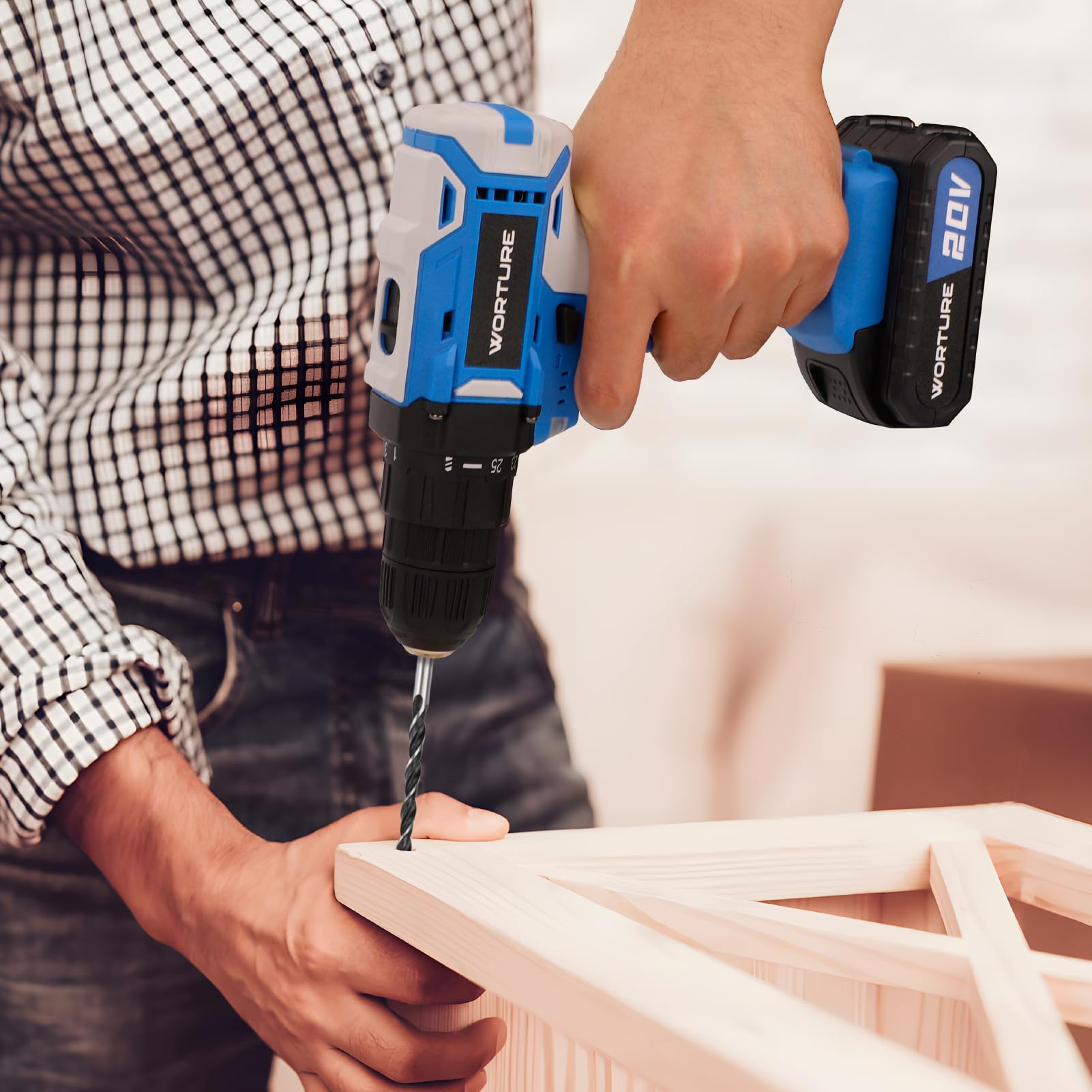 20V Cordless Drill, 3/8” Keyless Chuck, 353 In-lb (40 N.m) Torque, 2 Variable Speed, Electric Power Drill Set with 1.5AH Battery & Charger, 25+1 Position and 34 pcs Drill/Driver Bits (Blue)