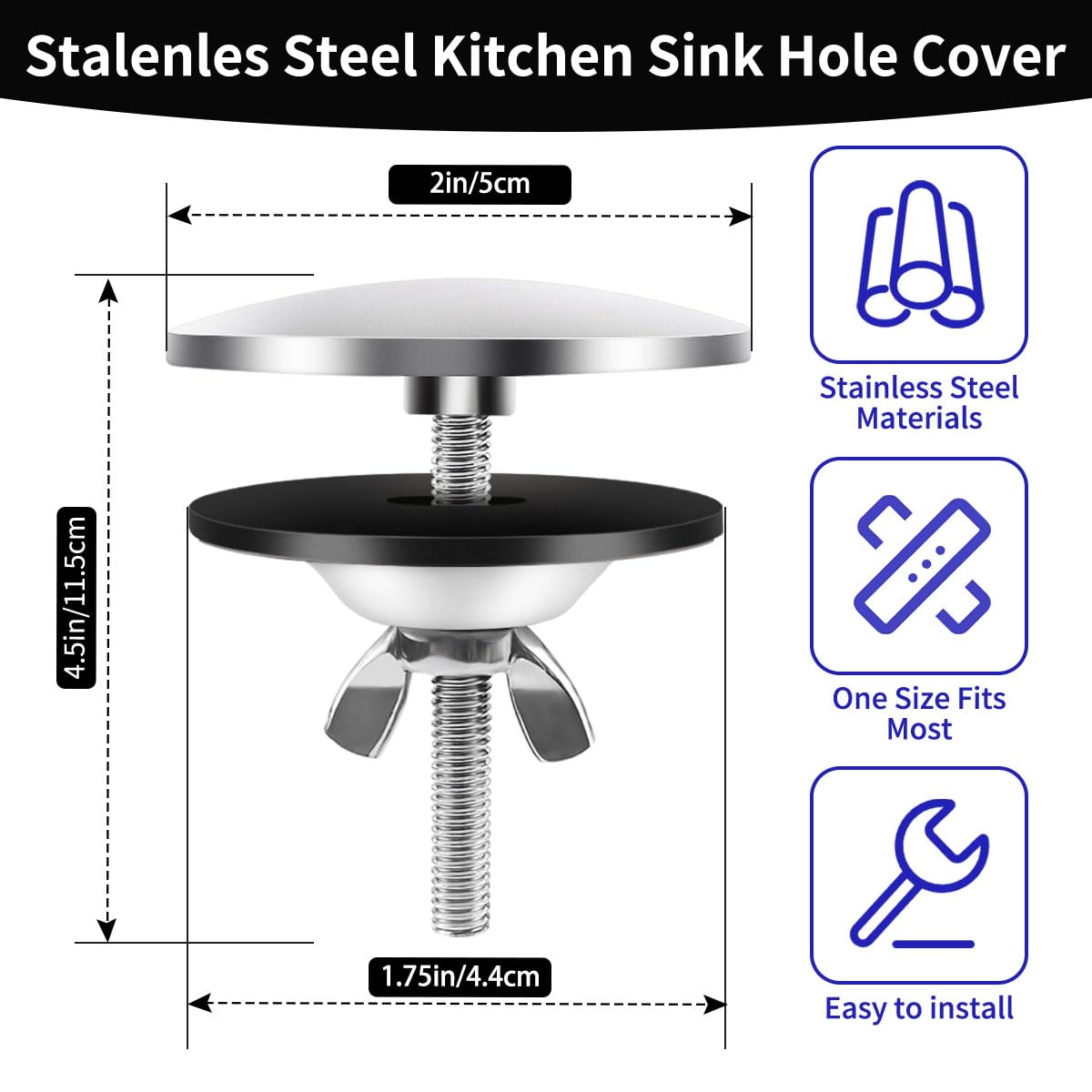 2 Inch Kitchen Sink Hole Covers, Faucet Hole Cover Stainless Steel Wash Basin Kitchen Sink Tap Hole Plate Stopper, Sealed Decoration Hole Cover (Silver)