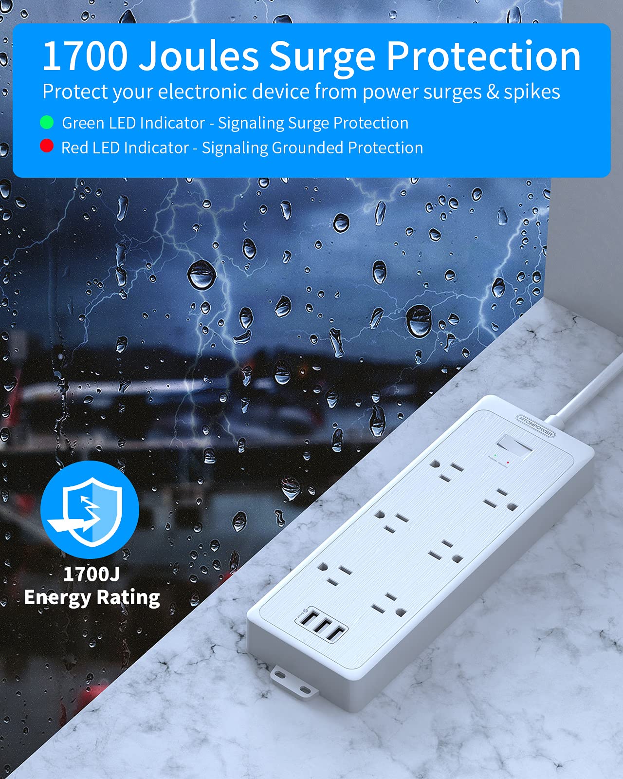 15 FT Extension Cord Surge Protector Power Strip 6 Super Wide Spaced Outlets, NTONPOWER Flat Plug Surge Protector Wall Mount with 3 USB, 1875W, 15A, 1700 Joules, Overload Protection for Home Office