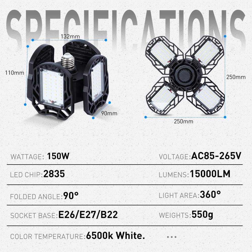 150W Garage Lights,LED Garage Lights-15000LM 6500K Deformable Garage Ceiling Light with 4 Adjustable Panels,LED Shop Light, Triple Glow Light for Garage, Warehouse,WorkshopâŚ