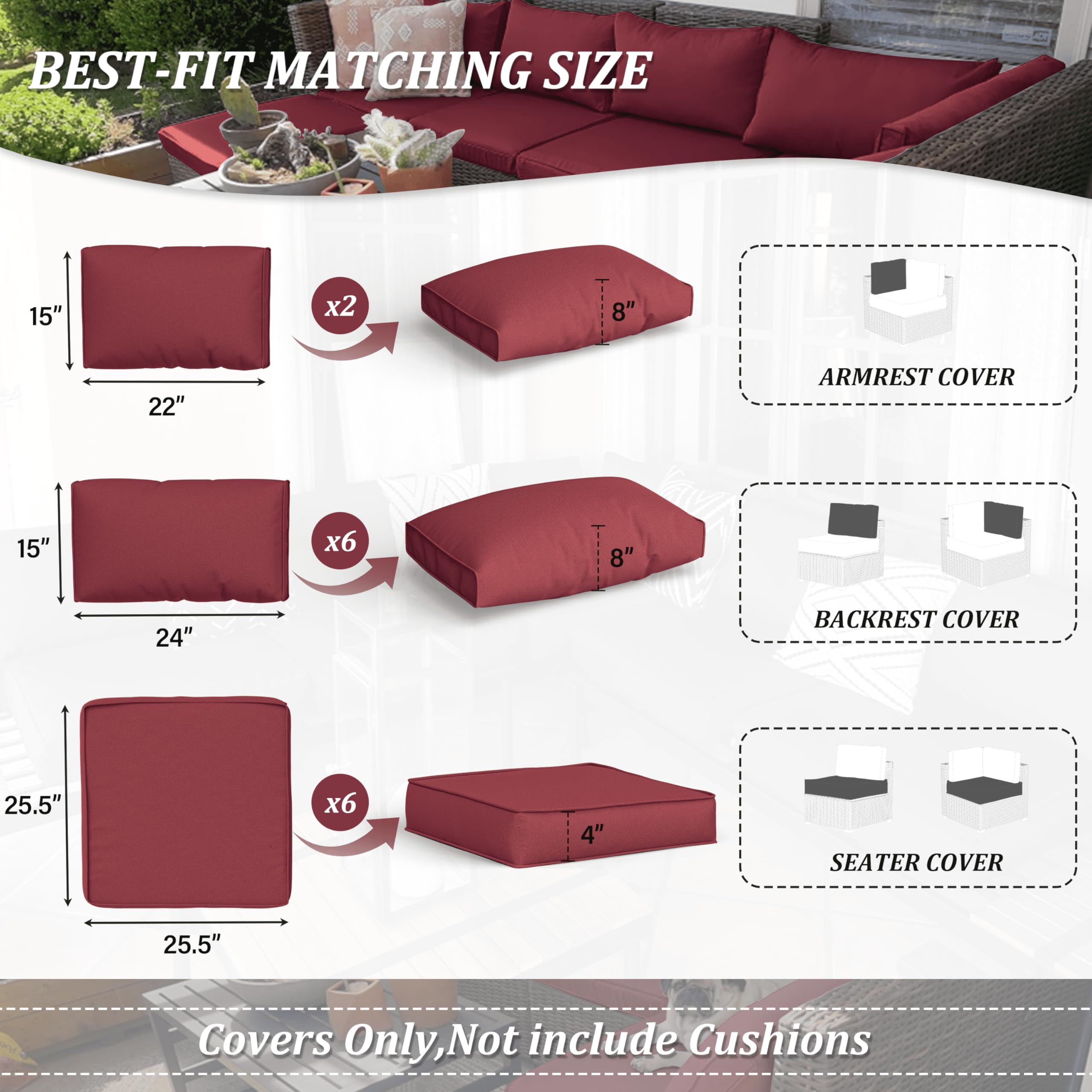 14 Pcs Outdoor Cushion Covers Patio Cushion Slipcovers Replacement Splash Proof with Zipper for Outdoor Furniture, Patio Sofa Couch 3 Sizes, Covers Only