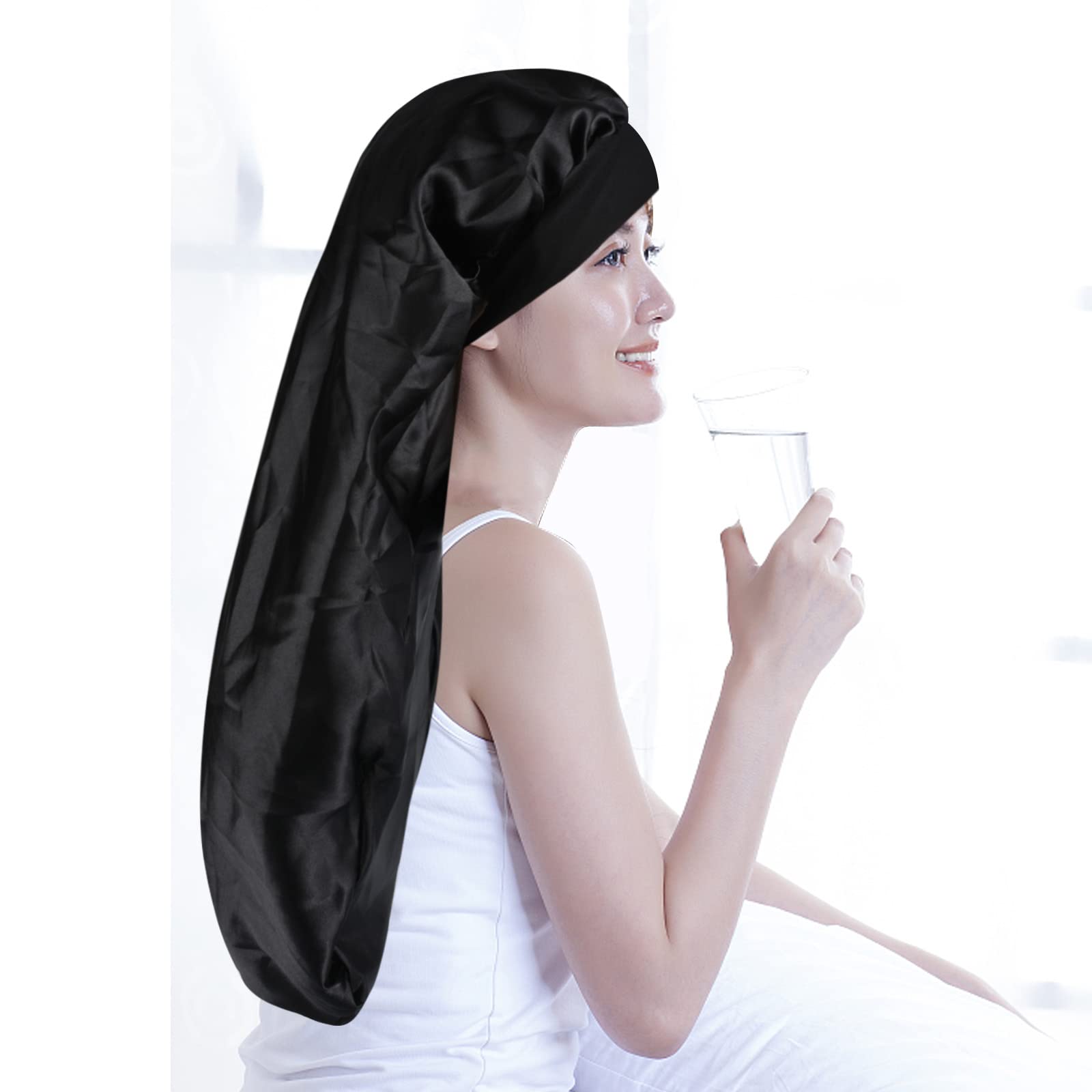 Satin Silky Braids Bonnet 2 Pack Breathable Soft and Elastic Black Leopard Long Hair Cap, Large For Women