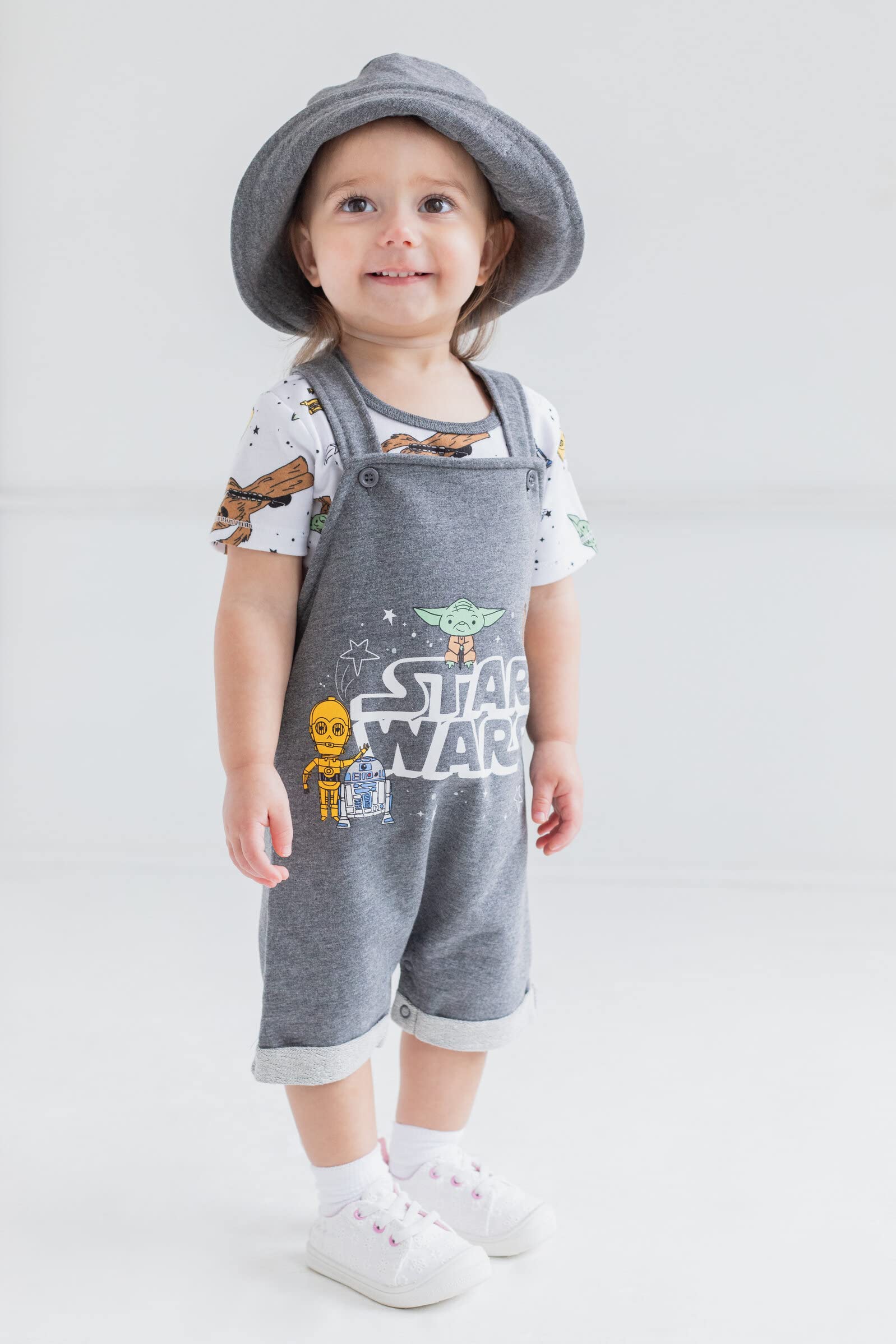 STAR WARS R2-D2 Yoda Chewbacca Newborn Baby Boys Short Overalls Graphic T-Shirt and Hat 3 Piece Outfit Set Grey 3-6 Months