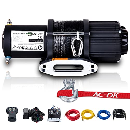 AC-DK 4500 lb. Electric Synthetic Rope ATV/UTV Winch Kits, DC 12V Wireless Winch for Towing Off Road Trailer Winch with Wireless Remote Control, Winch Mounting Bracket, Winch Rope Stopper